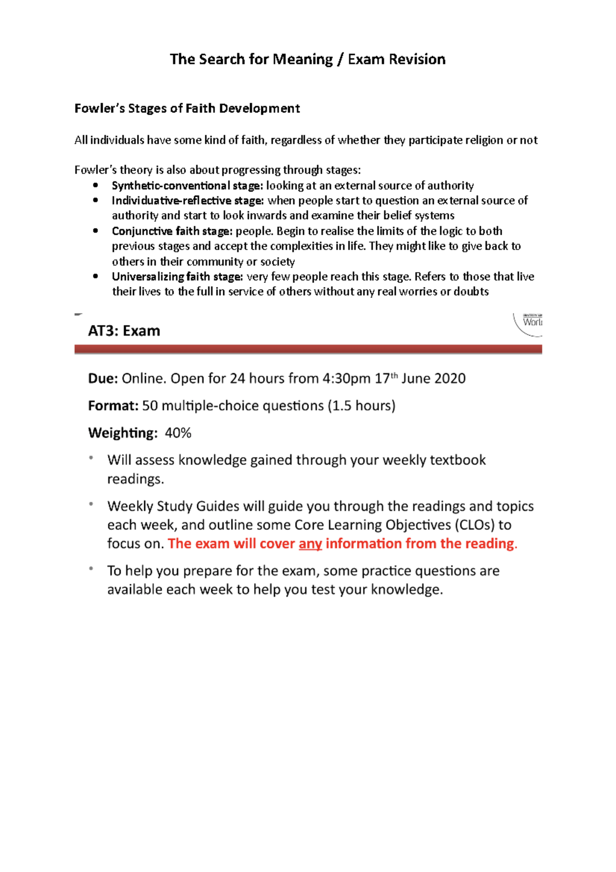 Week 10 - The Search for Meaning : Exam Revision - The Search for ...