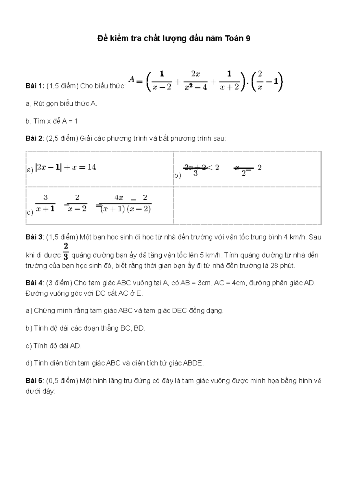 De thi khao sat chat luong dau nam mon toan lop 9 de 4 - Đề kiểm tra chất lượng đầu năm Toán 9 ...