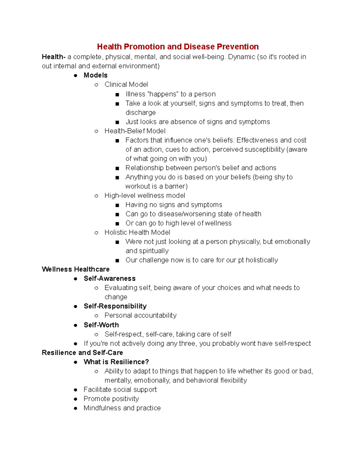 Week 6 lecture notes - Health Promotion and Disease Prevention Health ...