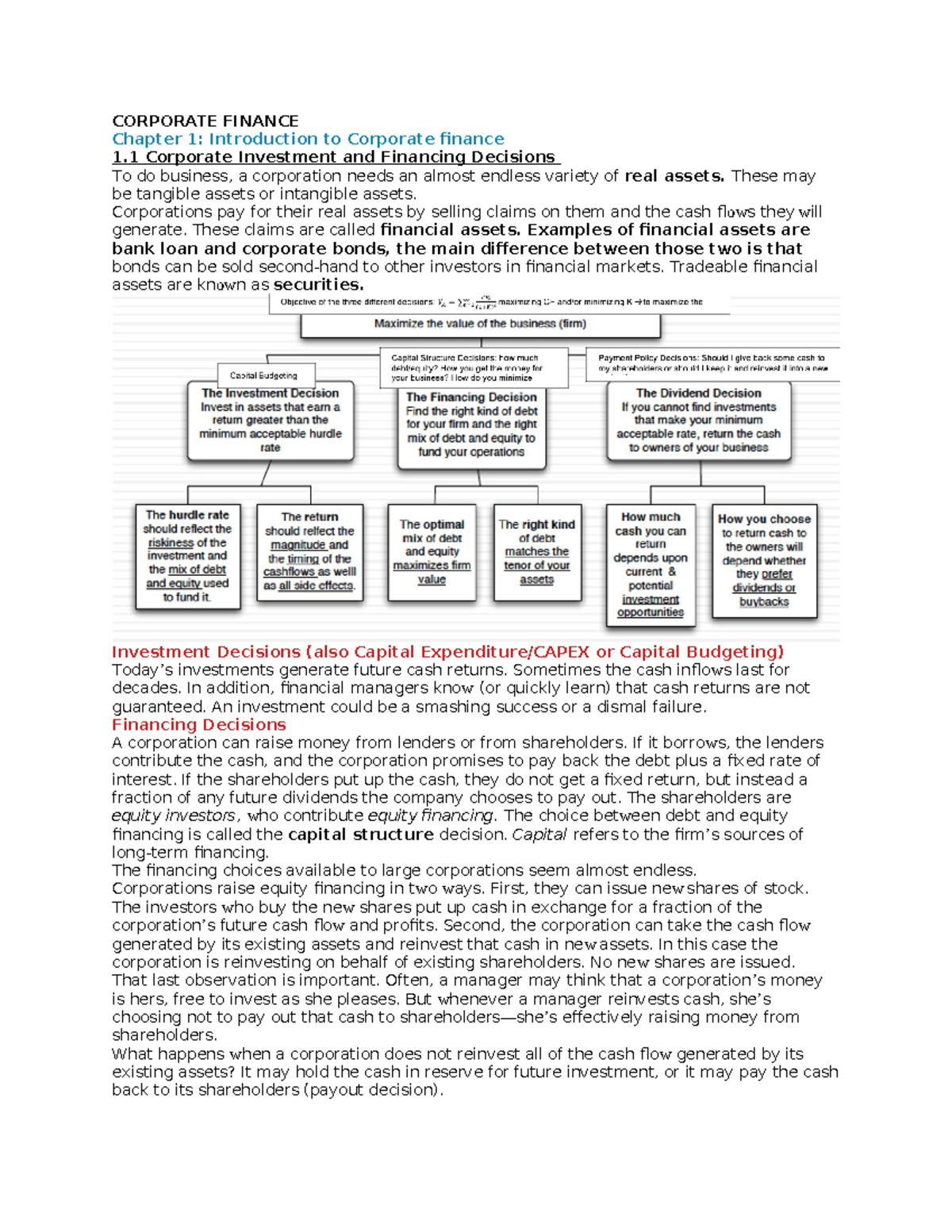 Chapter 1 - riassunto ch 1 - CORPORATE FINANCE Chapter 1: Introduction ...