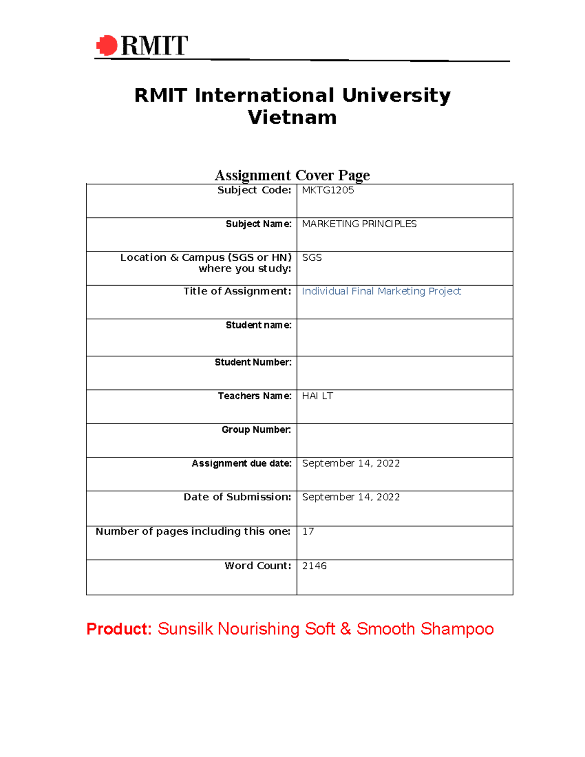 SGS MP ASM3 - Marketing Principles course Asm 3_ individual_ 2022 ...