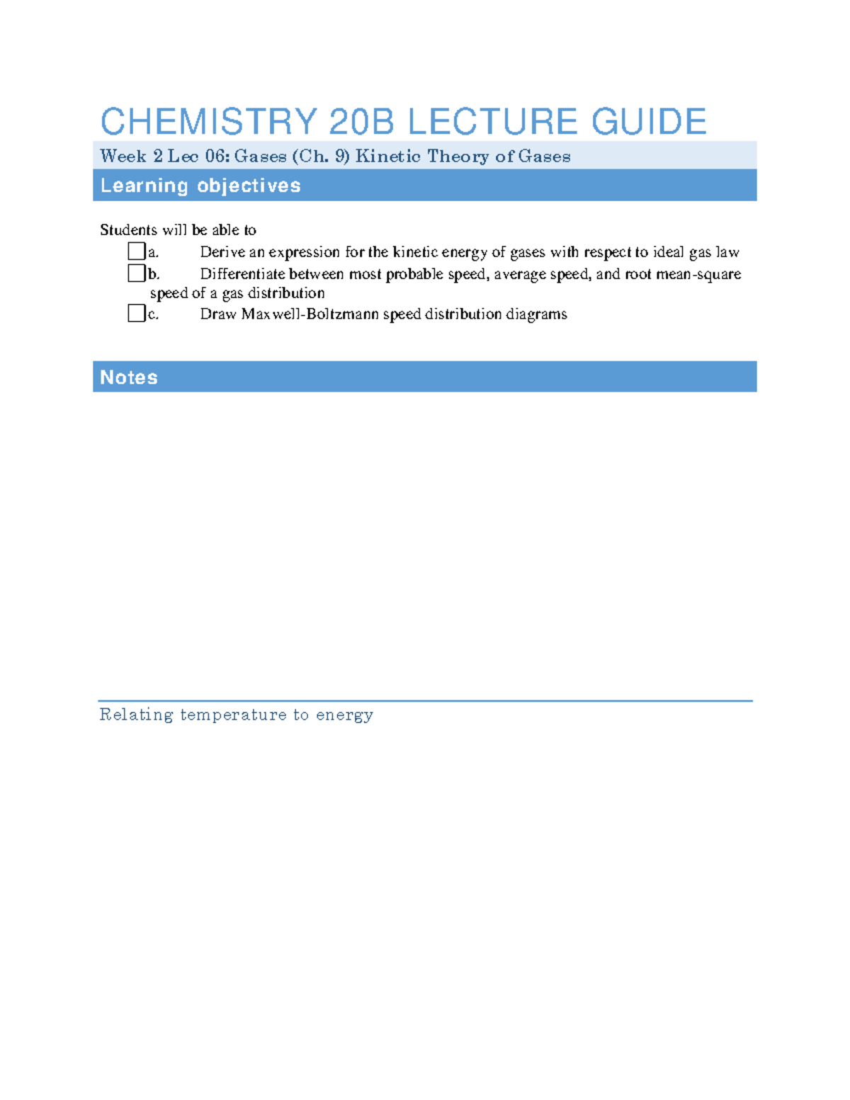 Chemistry 20B - Professor Barr - Week 2 kinetic theory of gases ...
