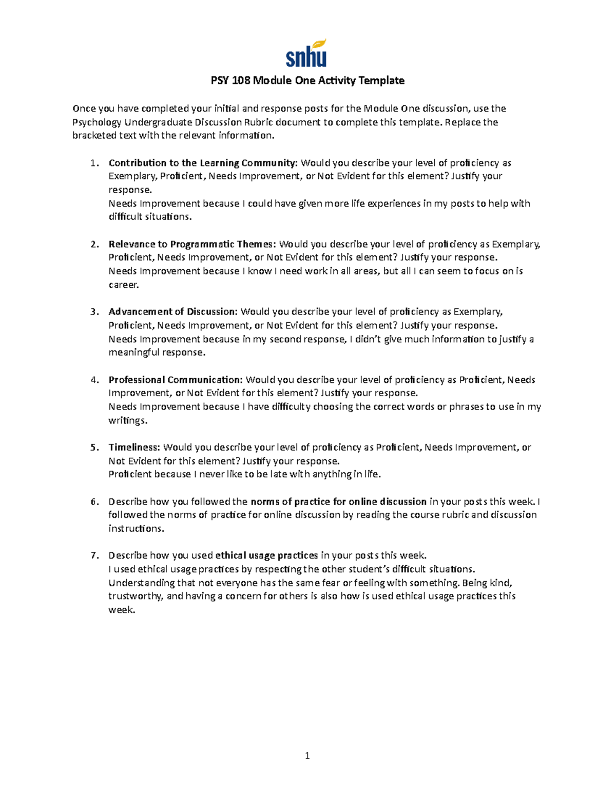 PSY 108 Module One Activity Template - PSY 108 Module One Activity ...