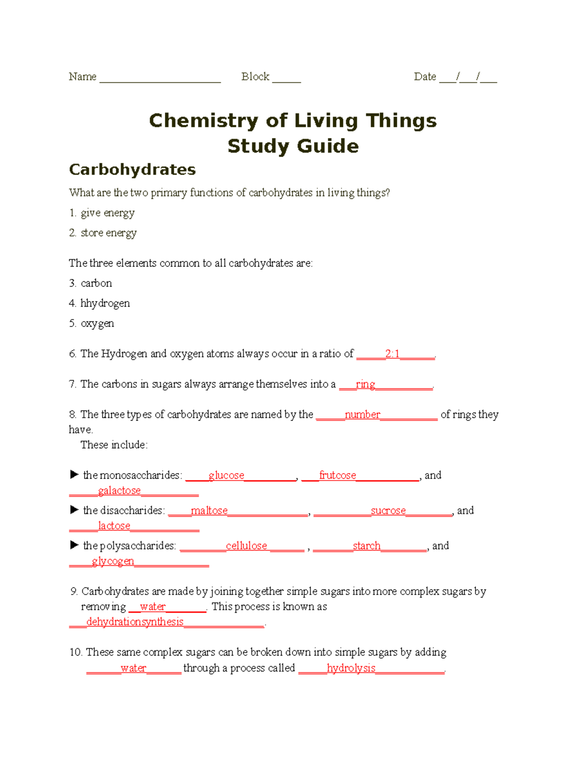 Organic Compounds Study Guide - Name _____________________ Block ...