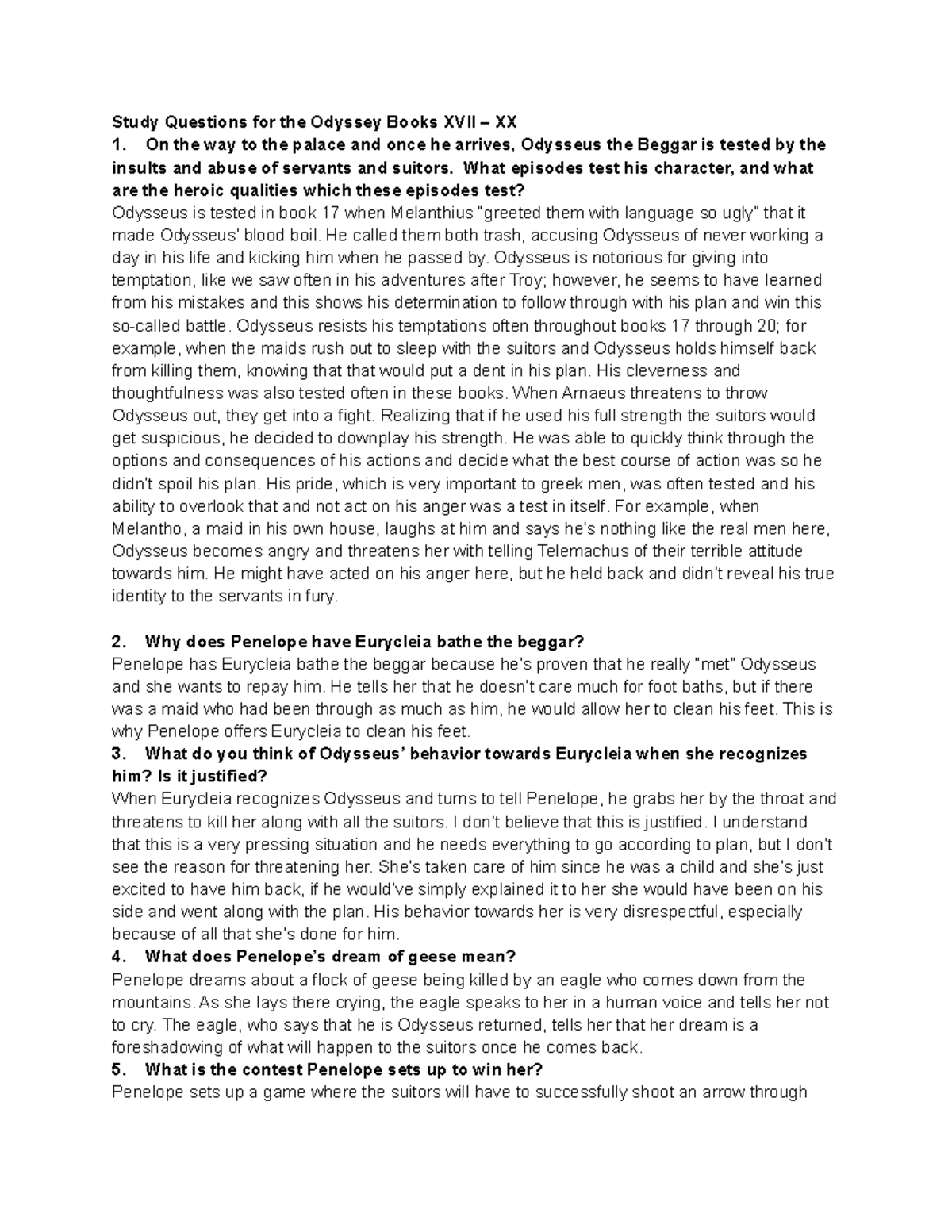 Study Questions for the Odyssey Books XVII – XX - What episodes test ...