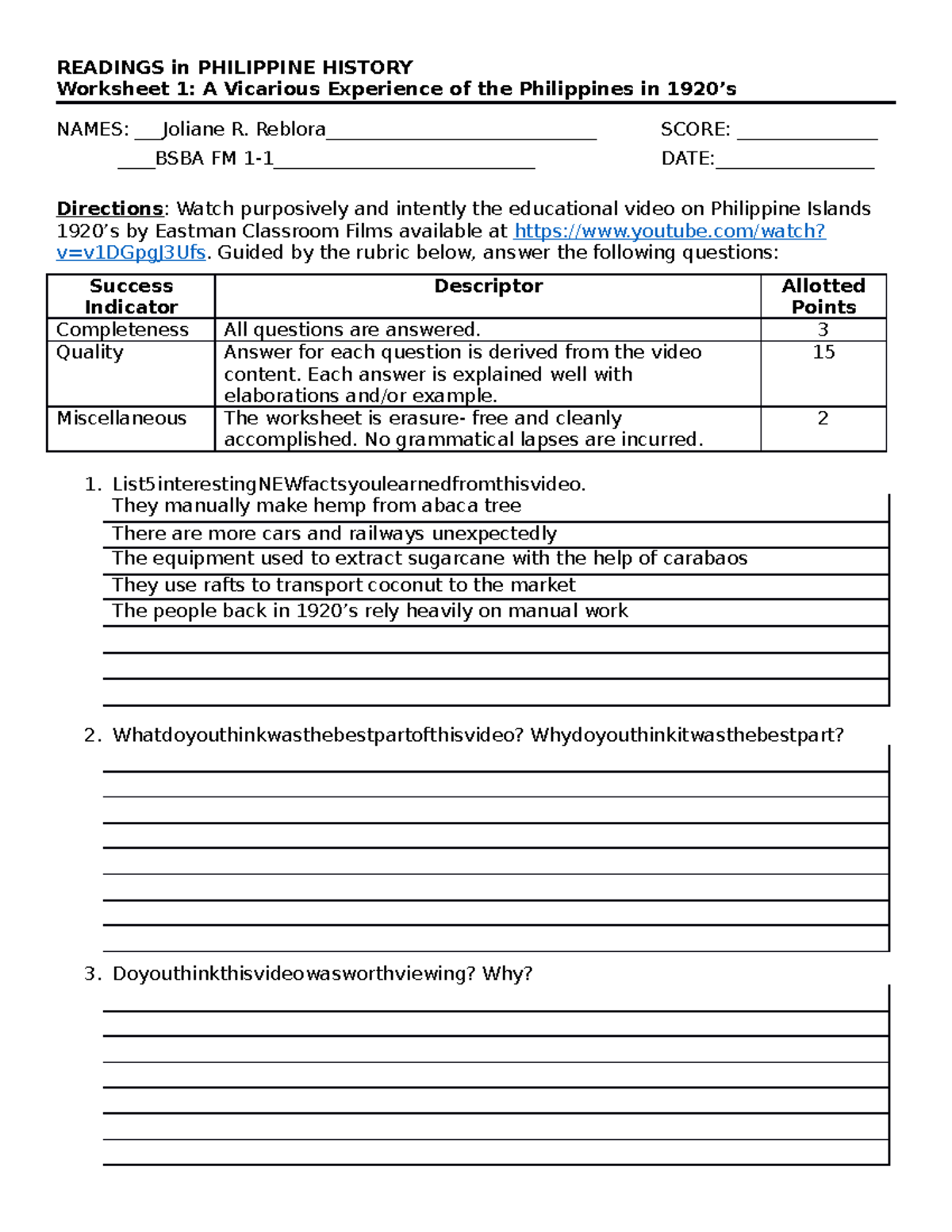 Activity-1 - riph - READINGS in PHILIPPINE HISTORY Worksheet 1: A ...