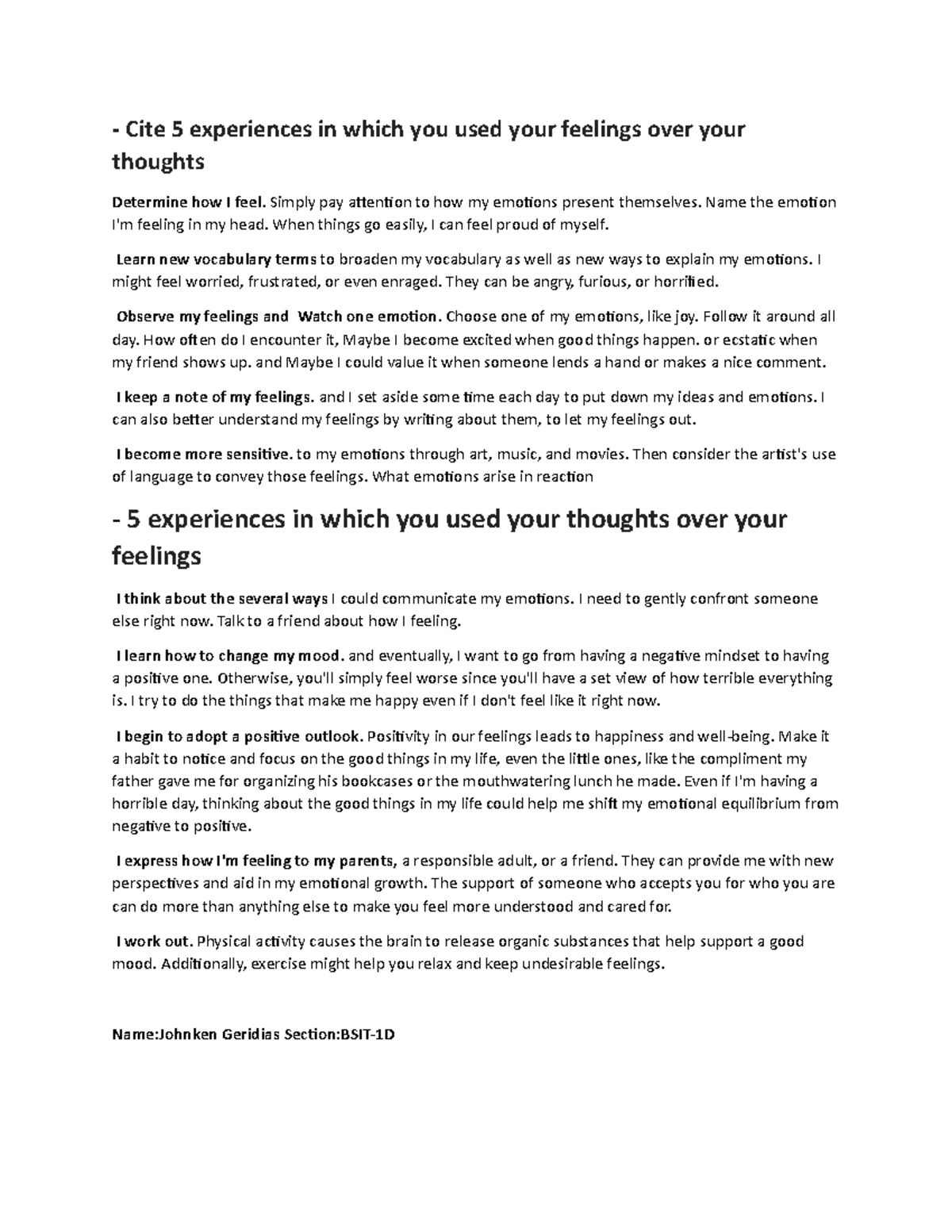 Midterm Assignment 1 - Understanding the Self - Cite 5 experiences in ...