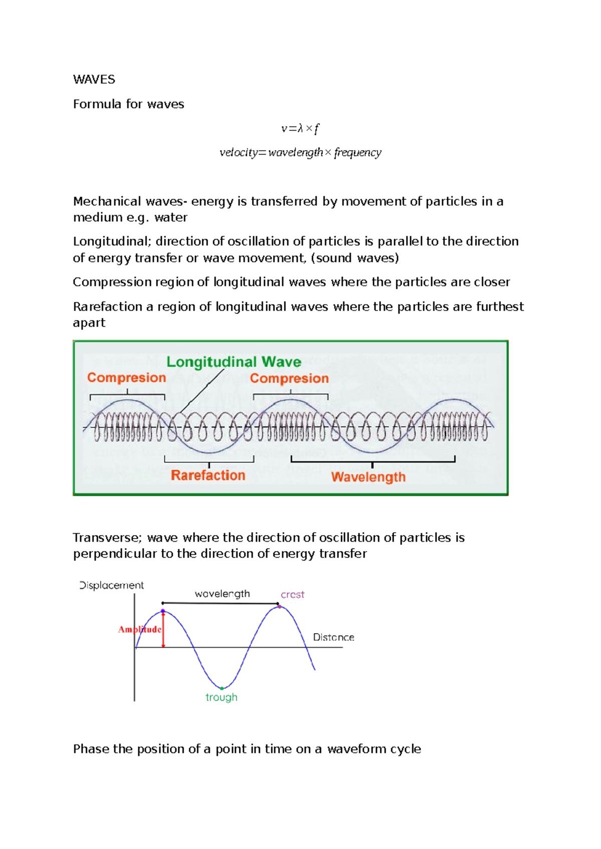 Waves - WAVES Formula for waves v=λ × f velocity=wavelength× frequency ...