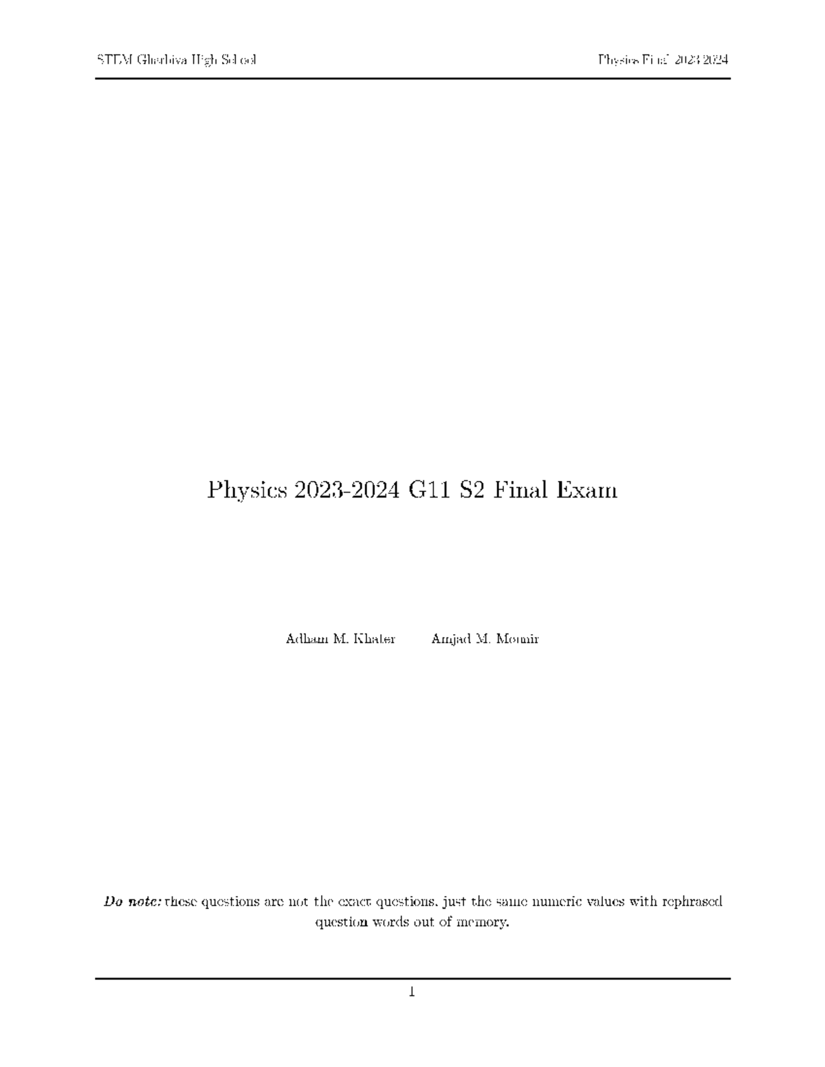 Physics exam Grade 11 final second semester 2023-2024 - STEM Gharbiya ...