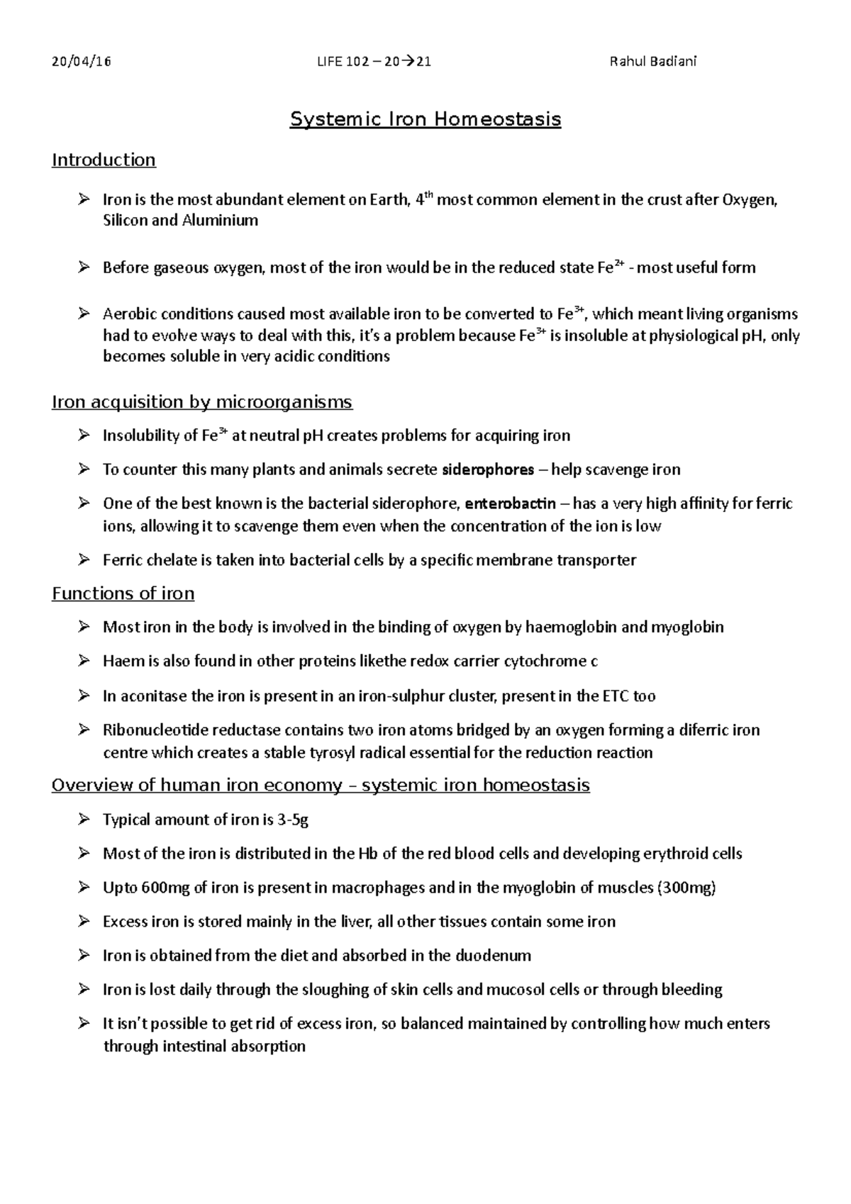 Systemic Iron Homeostasis Introduction - Studocu