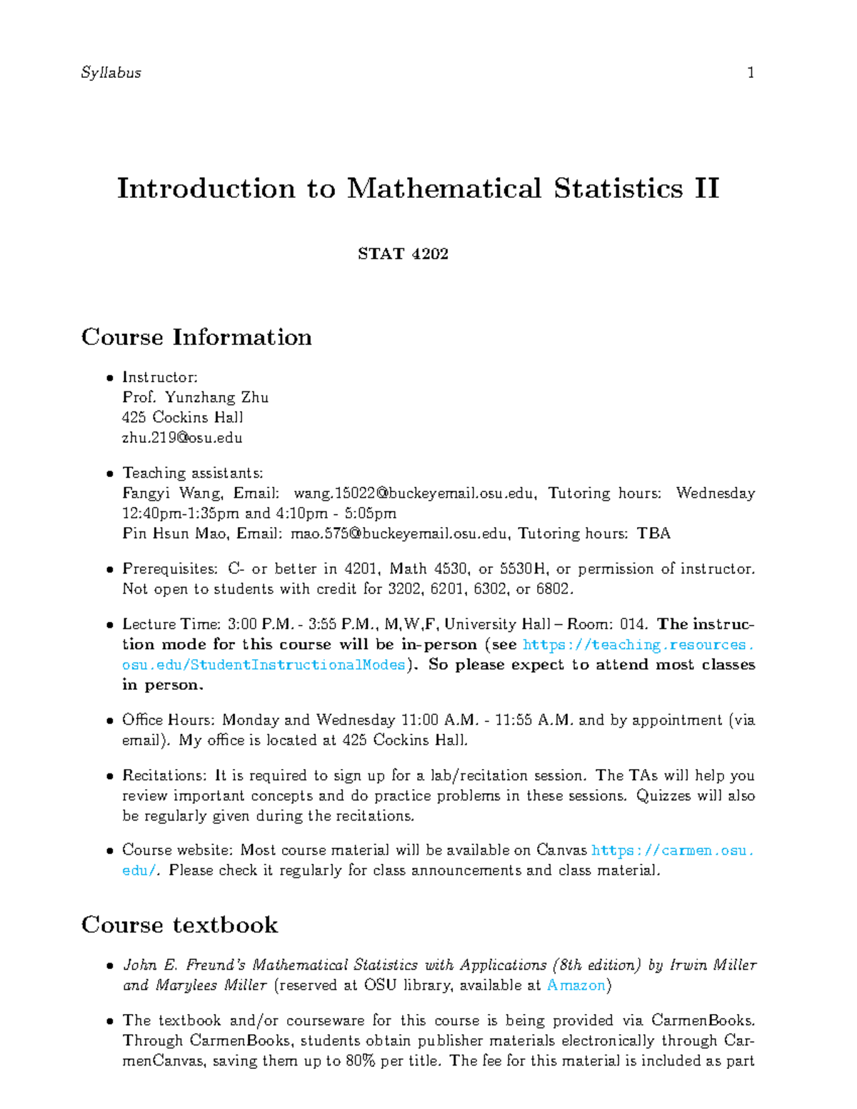 Syllabus - xsaxas - Syllabus 1 Introduction to Mathematical Statistics II STAT 4202 Course - Studocu