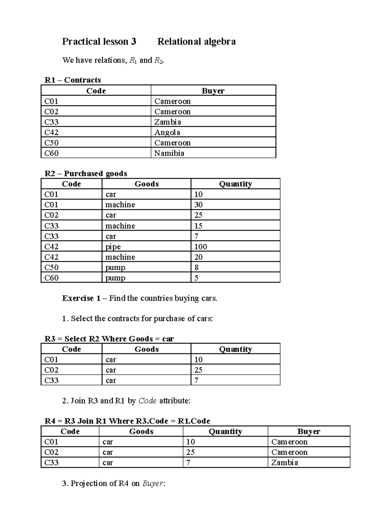 MMIP 3 Pract Relational algebra - Practical lesson 3 Relational algebra ...