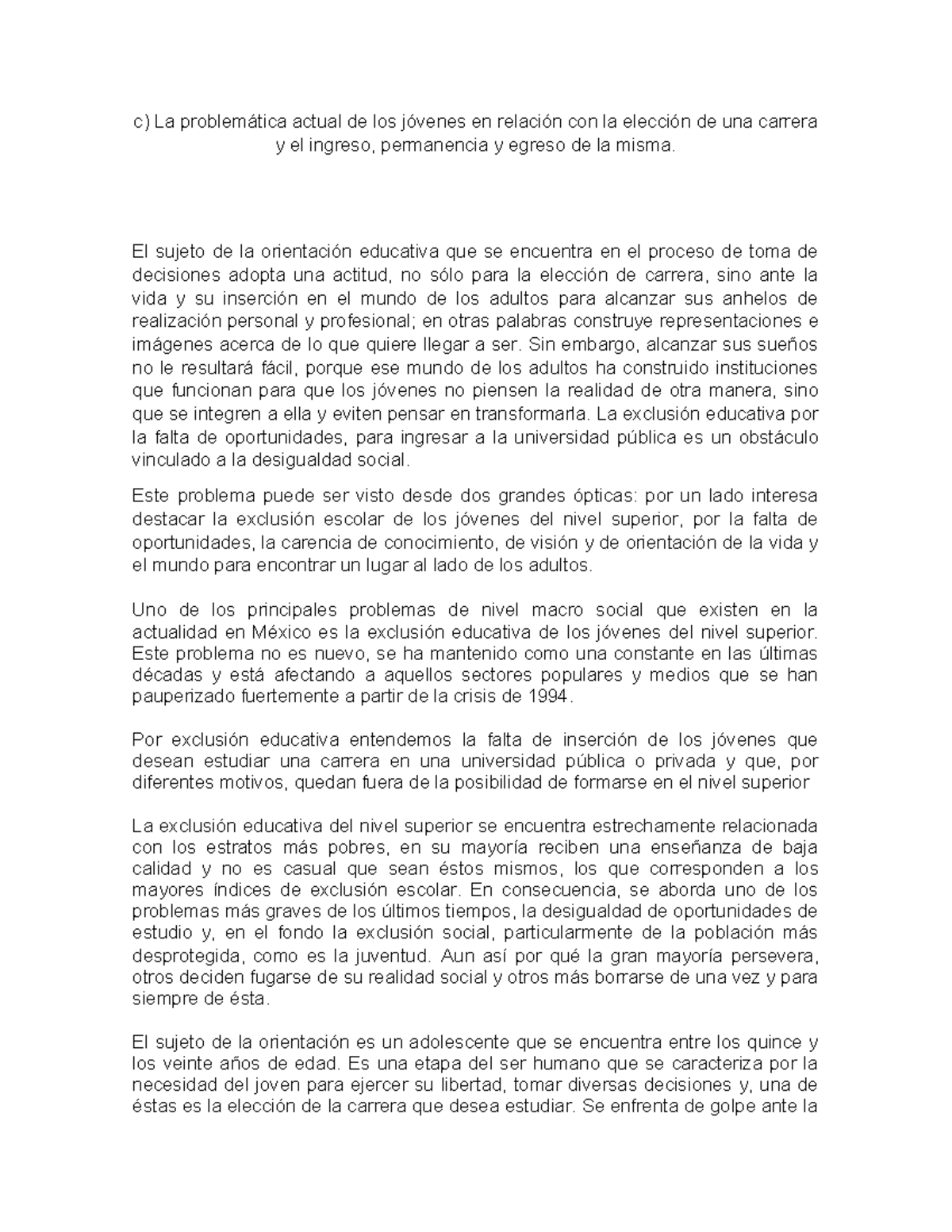 La problematica actual de los jovenes en relacion con la eleccion de ...