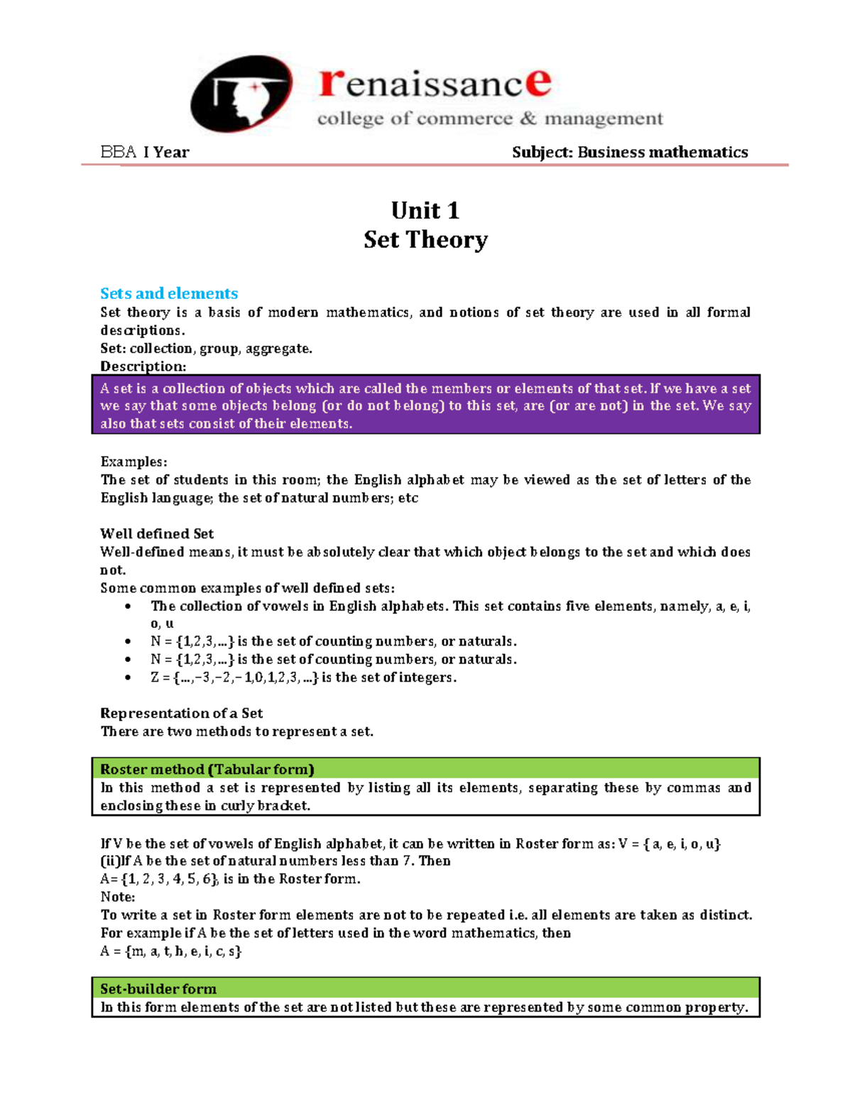 Notes BBA I Buisness Maths I II III Unit - Unit 1 Set Theory Sets and ...
