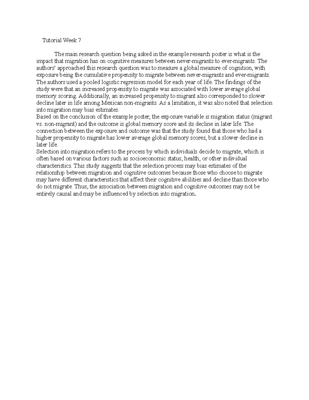 HS2711- Tutorial Week 7 - Tutorial Week 7 The main research question being asked in the example ...