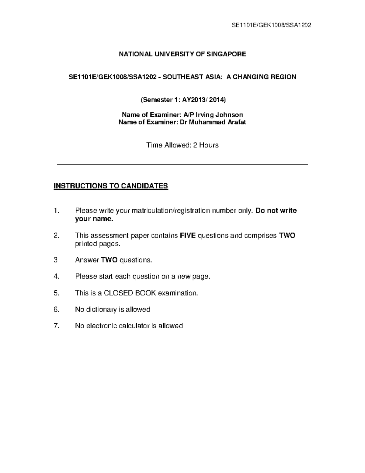 Exam November 2013, questions - SE1101E/GEK1008/SSA1202 NATIONAL ...