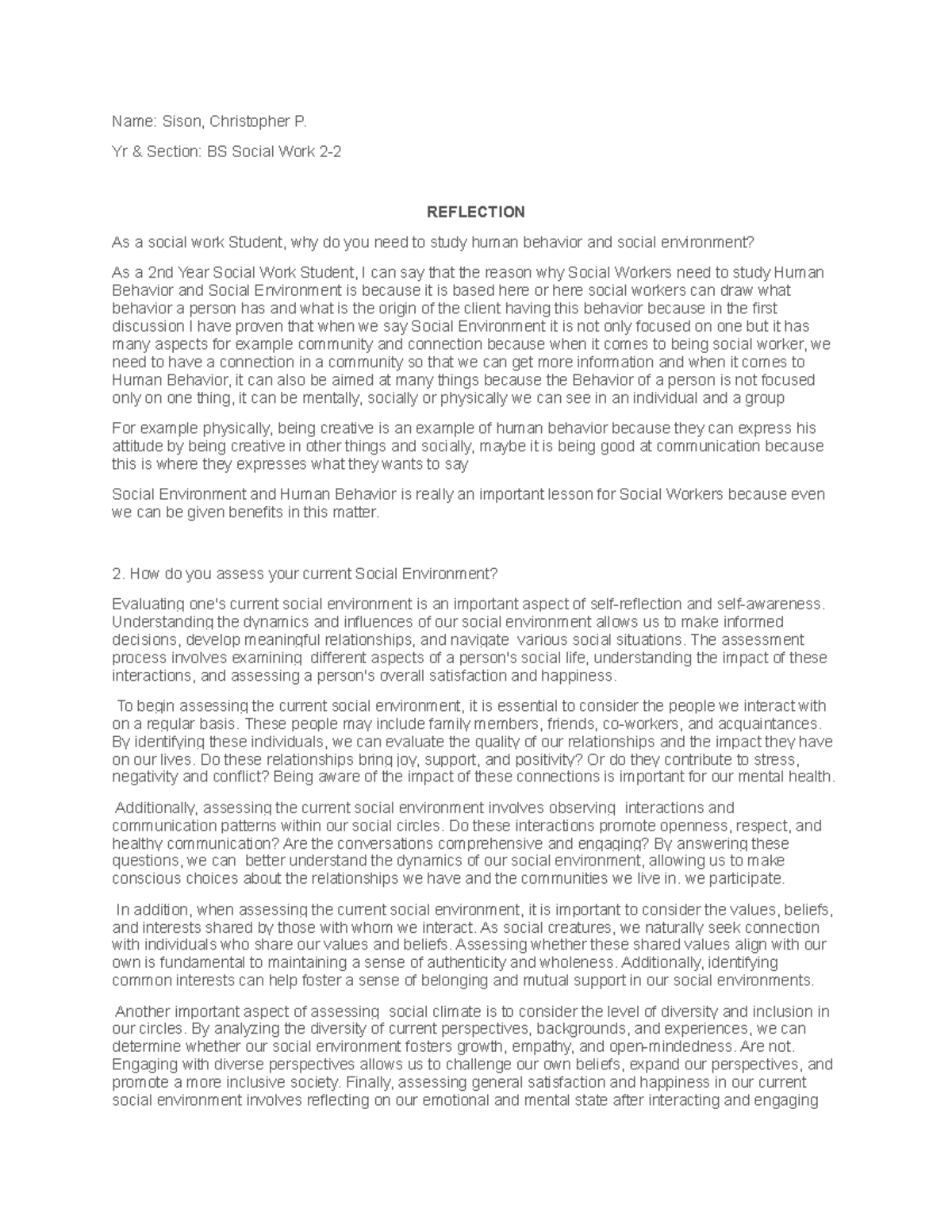 Reflection - Name: Sison, Christopher P. Yr & Section: BS Social Work 2 ...