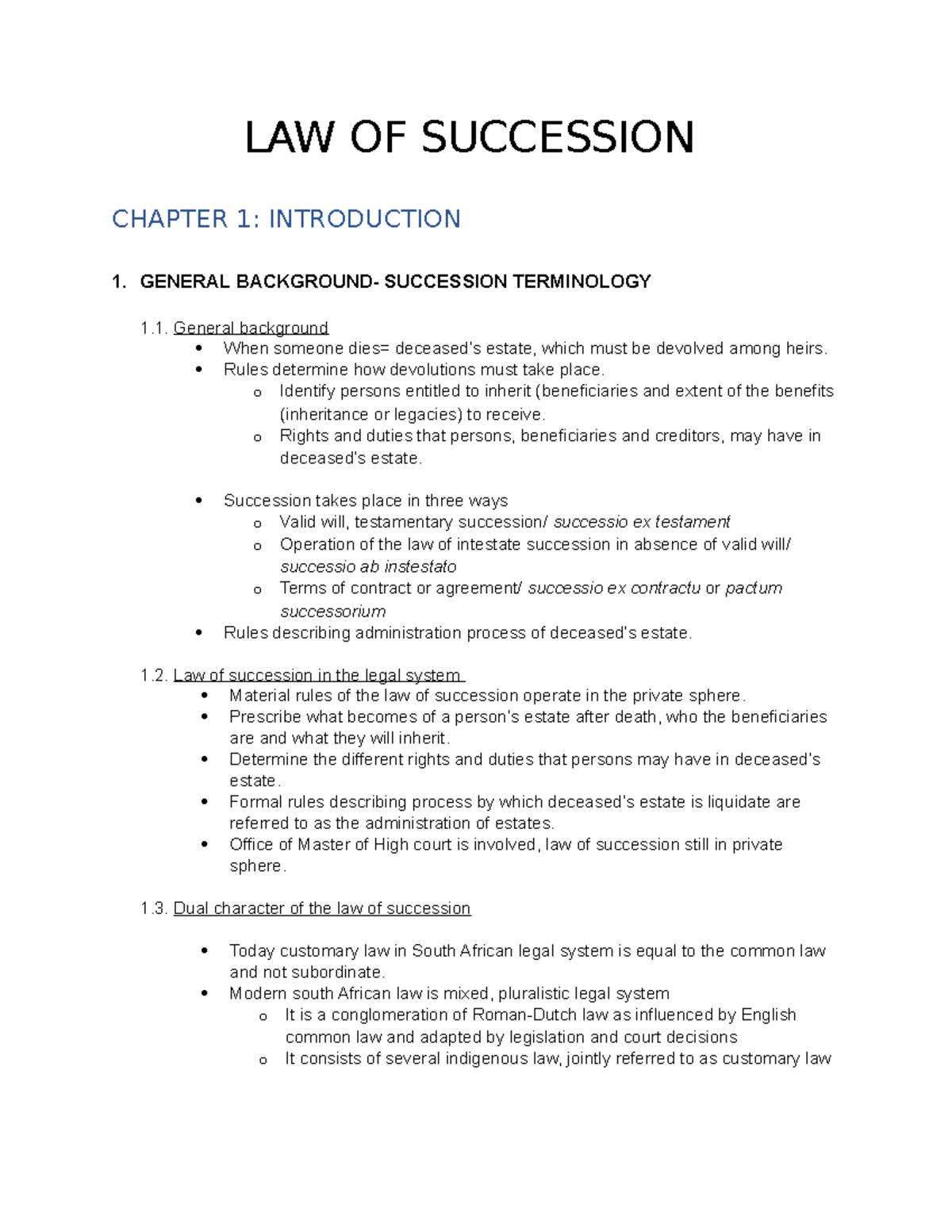 Law of Succession notes - LAW OF SUCCESSION CHAPTER 1: INTRODUCTION 1 ...
