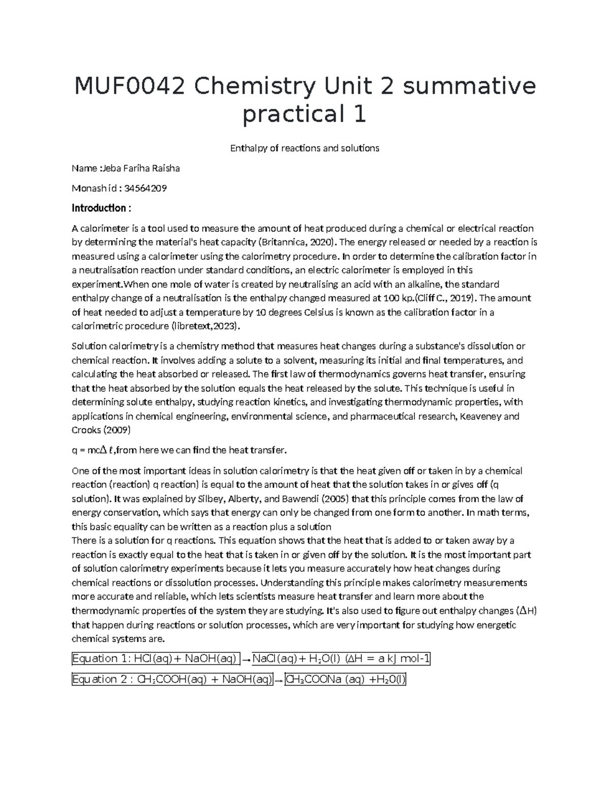 Summative - MUF0042 Chemistry Unit 2 summative practical 1 Enthalpy of ...