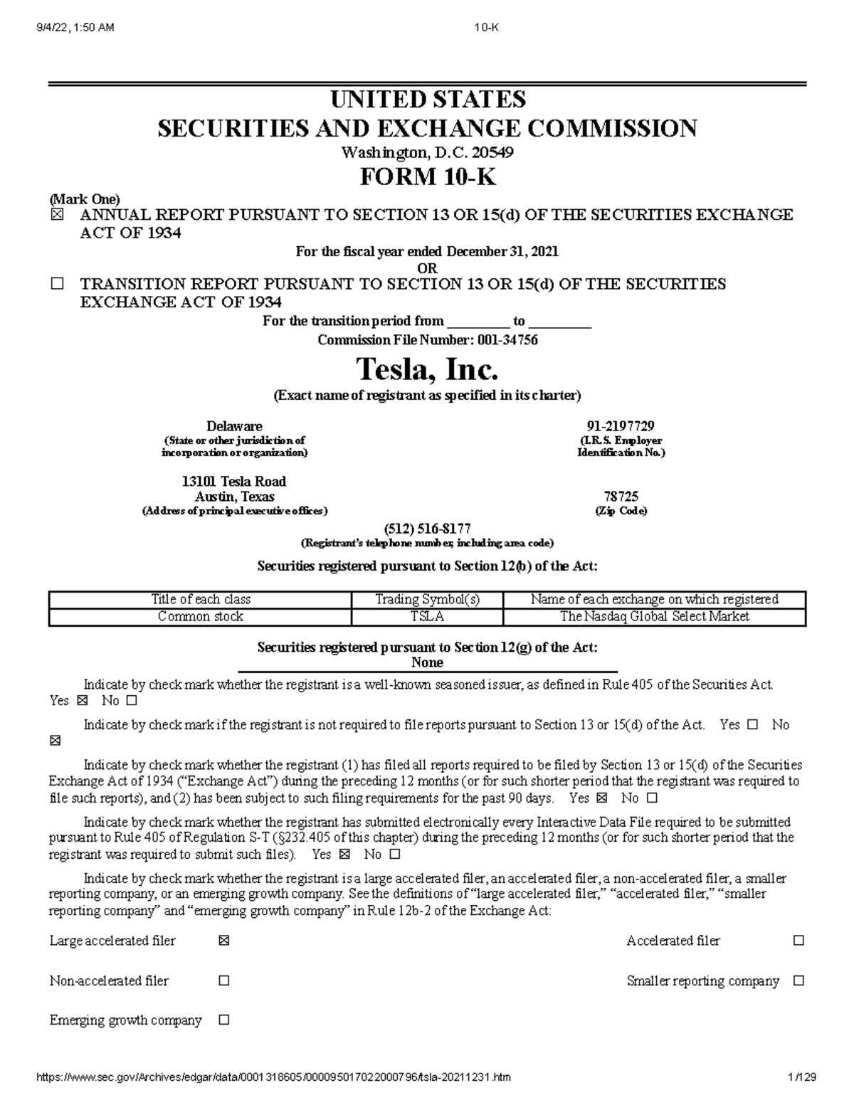 Tesla 10-K December 2021 - UNITED STATES SECURITIES AND EXCHANGE ...