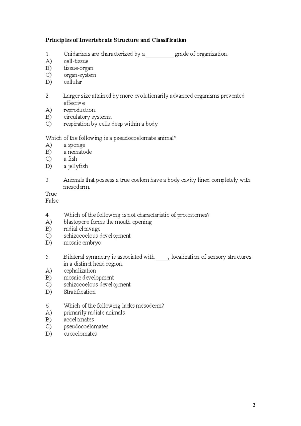 BIO244 invertebrate revision questions - Principles of Invertebrate ...