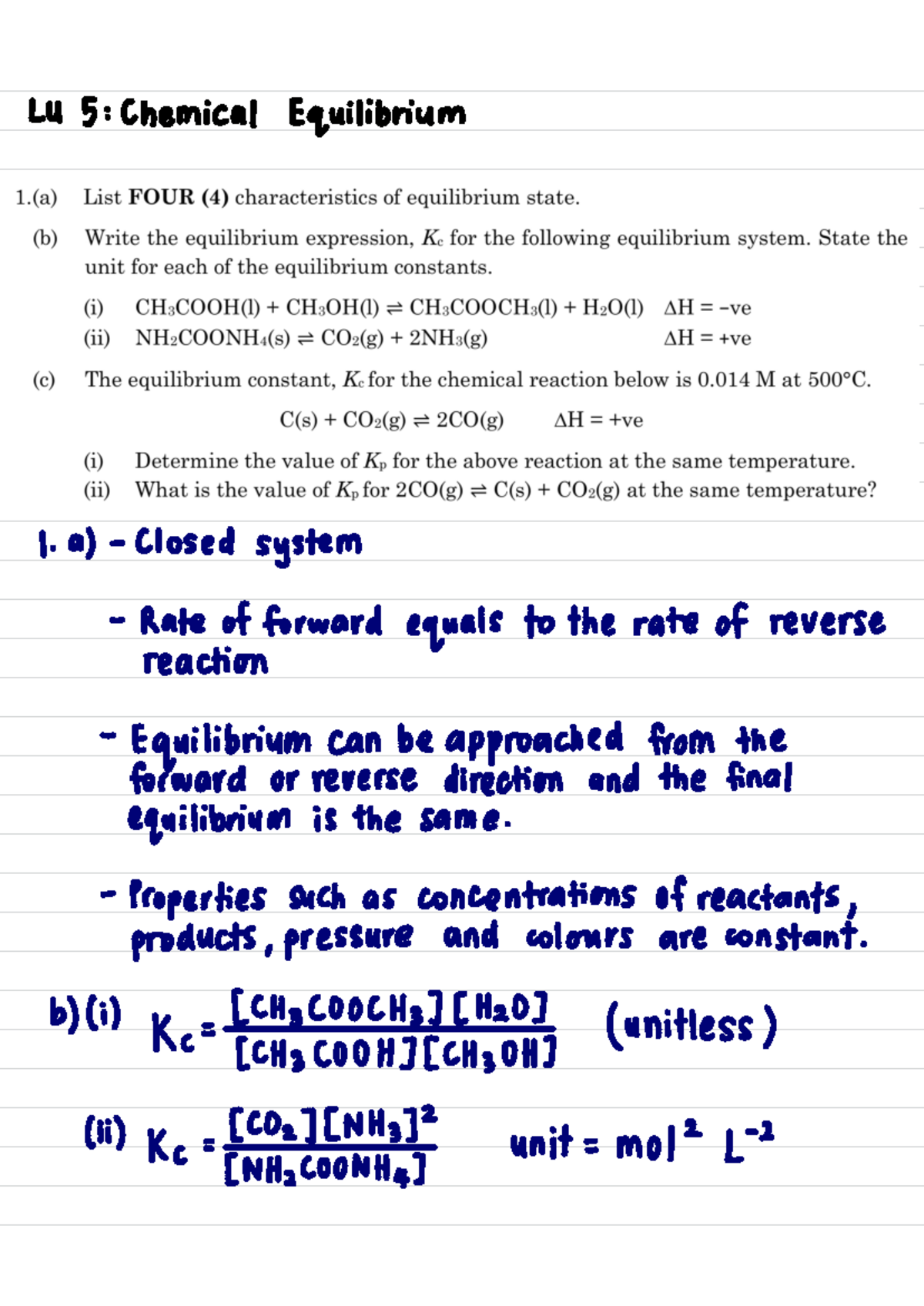 SEM 2 TUTO CHEM - Lu5 : Chemical Equilibrium a) - Closed system -Rate ...