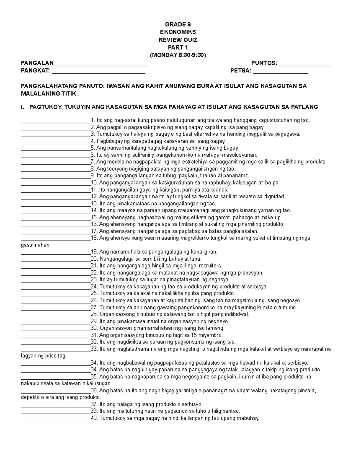 Reviewer G9 PART 1 - none - GRADE 9 EKONOMIKS REVIEW QUIZ PART 1 ...