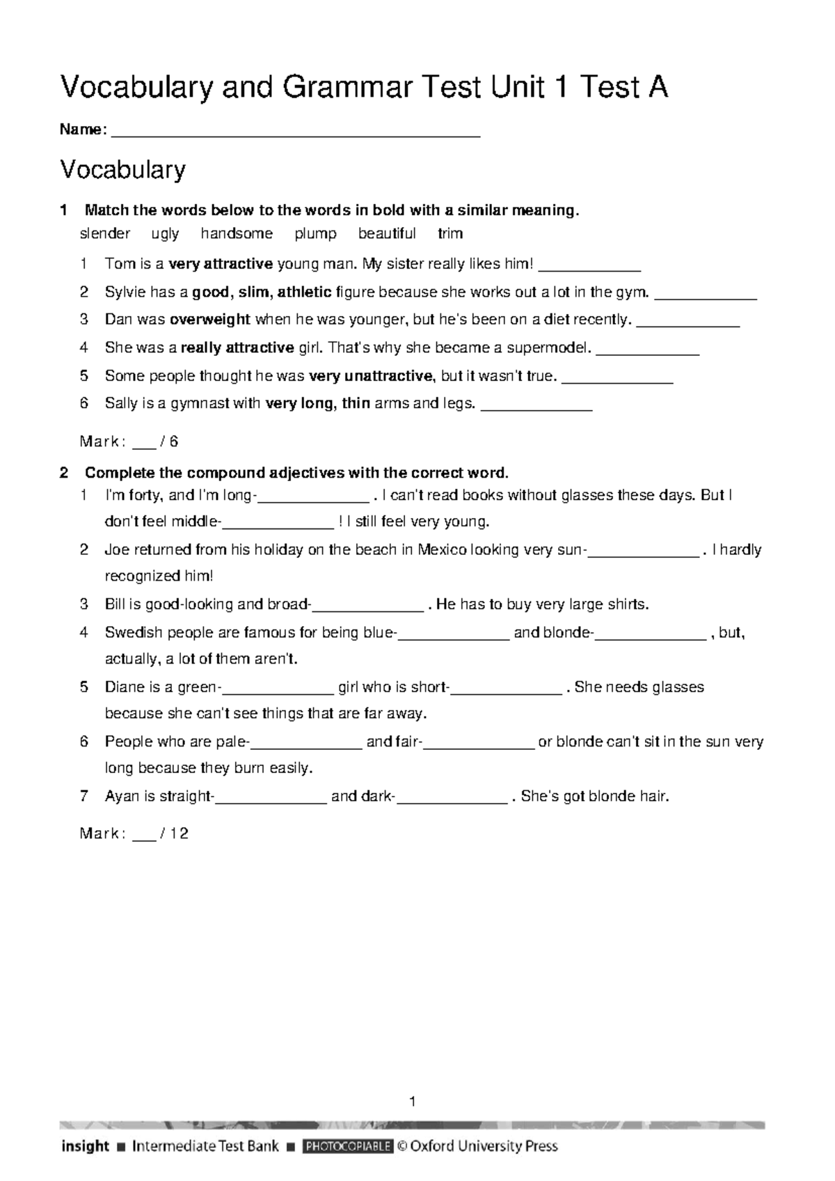 Vocabulary + Grammar Unit 1 Test A - 1 Vocabulary and Grammar Test Unit ...