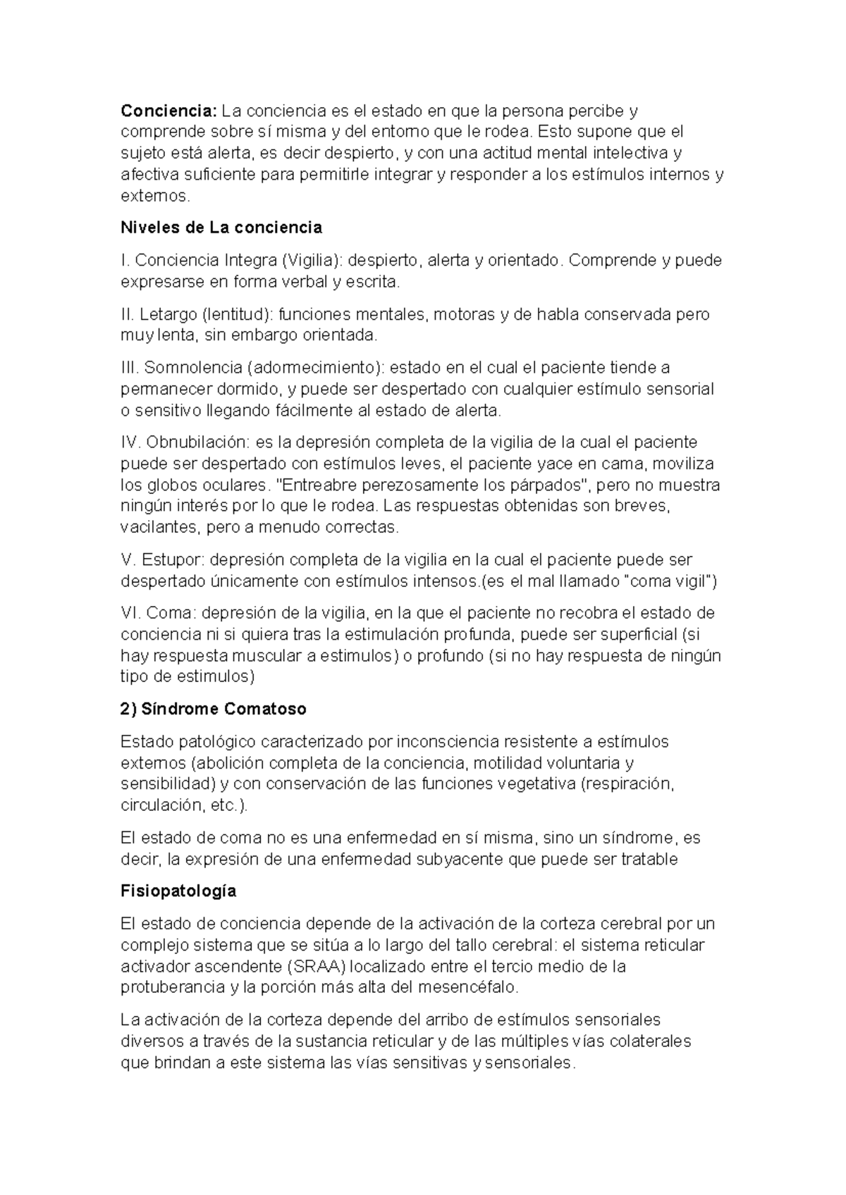7. Síndrome Comatoso - resumen - Conciencia: La conciencia es el estado ...