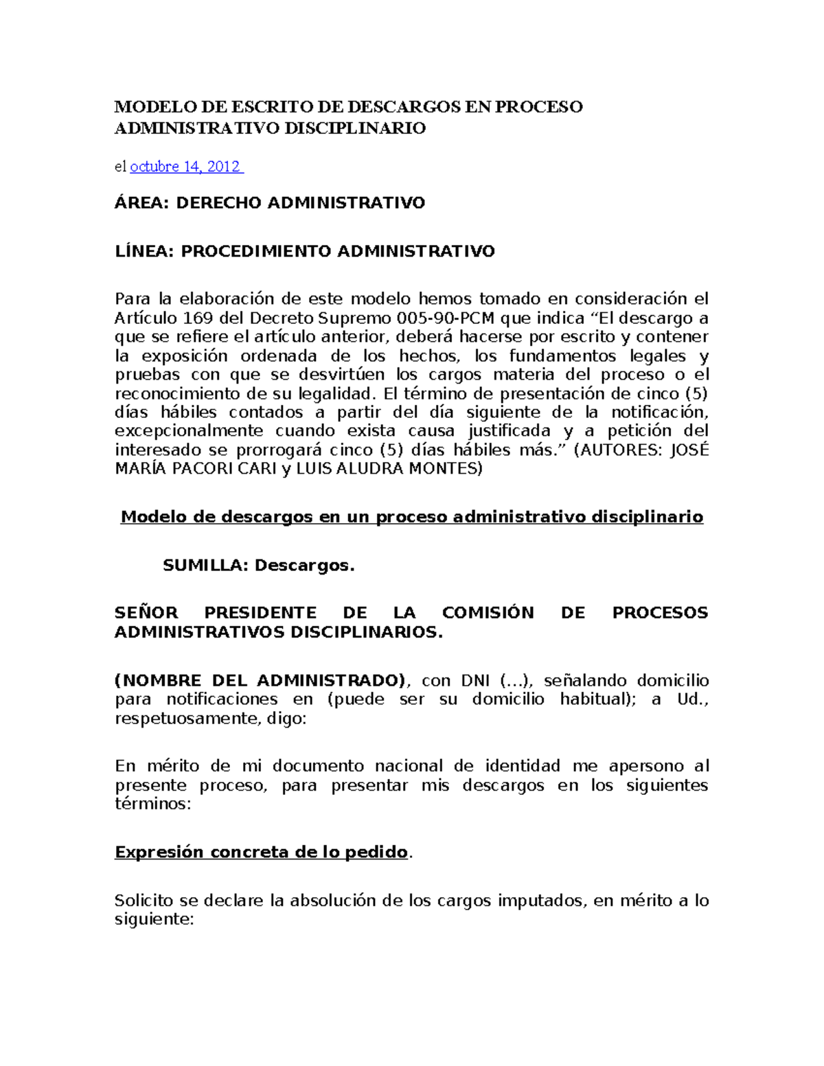 497898046 Modelo DE Escrito DE Descargos EN Proceso Administrativo Disciplinario - MODELO DE ...