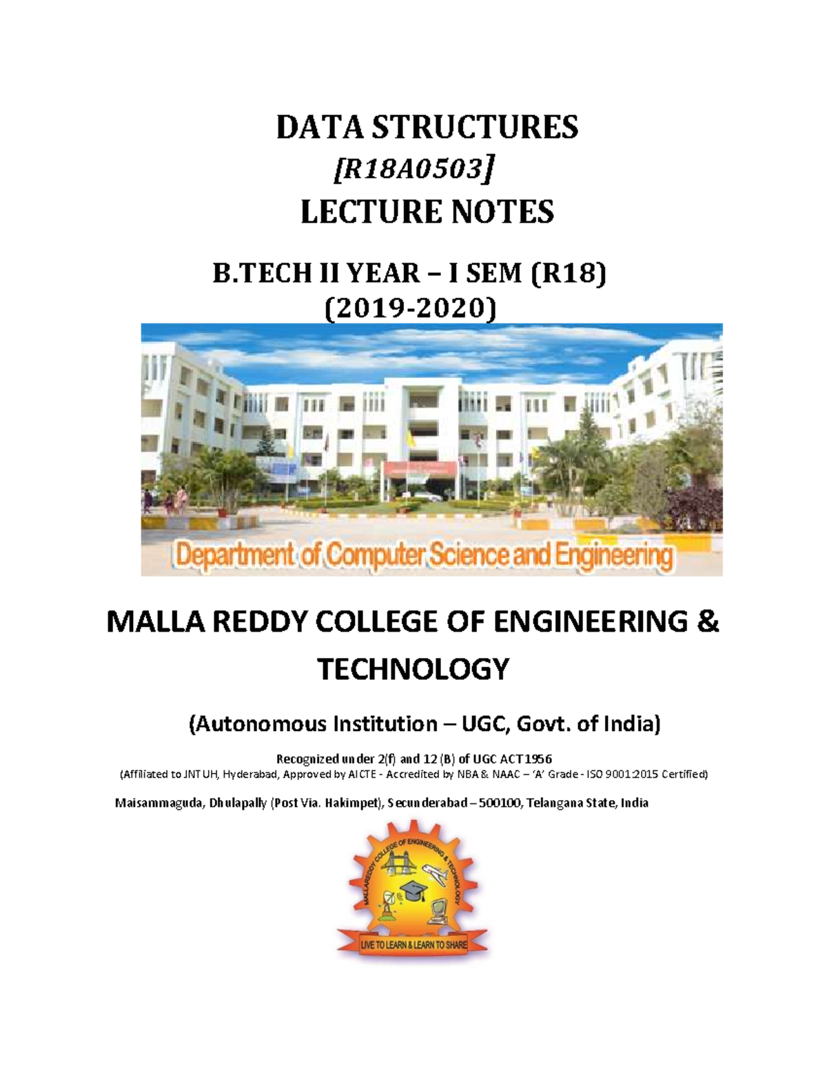 2 1 R18 Data Structures Digital Notes Data Structures R18a0503 Lecture Notes B Ii Year I