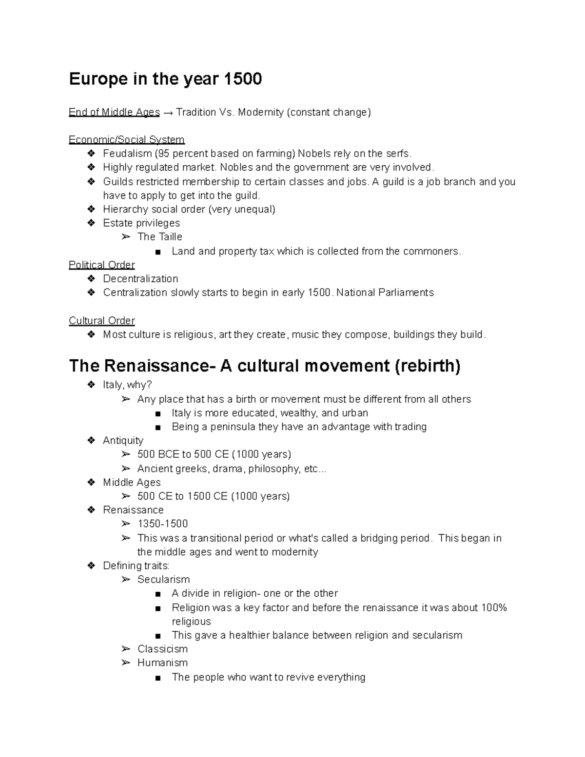 History Notes - Europe in the year 1500 End of Middle Ages → Tradition ...