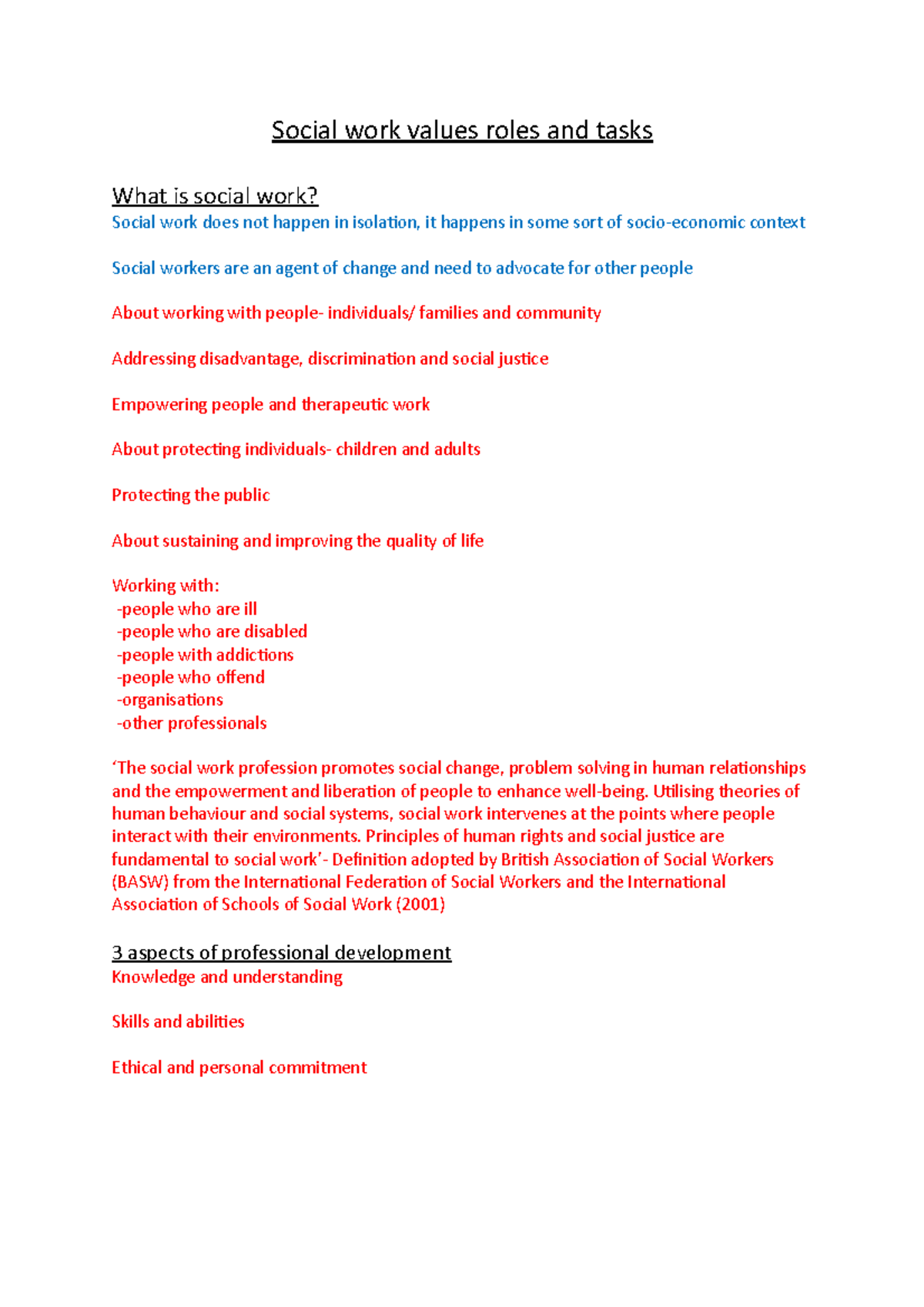 Social work values roles and tasks notes - Social work values roles and ...