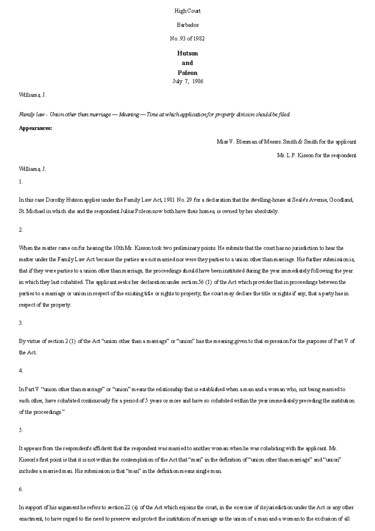 Hutson-v-Poleon - Case - High Court Barbados No. 93 of 1982 Hutson and ...