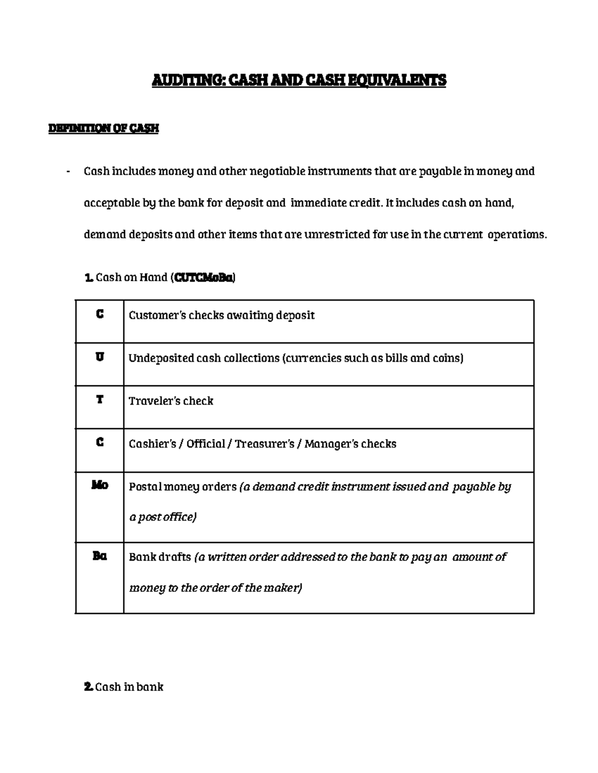 Auditing CASH AND CASH Equivalents - AUDITING: CASH AND CASH ...