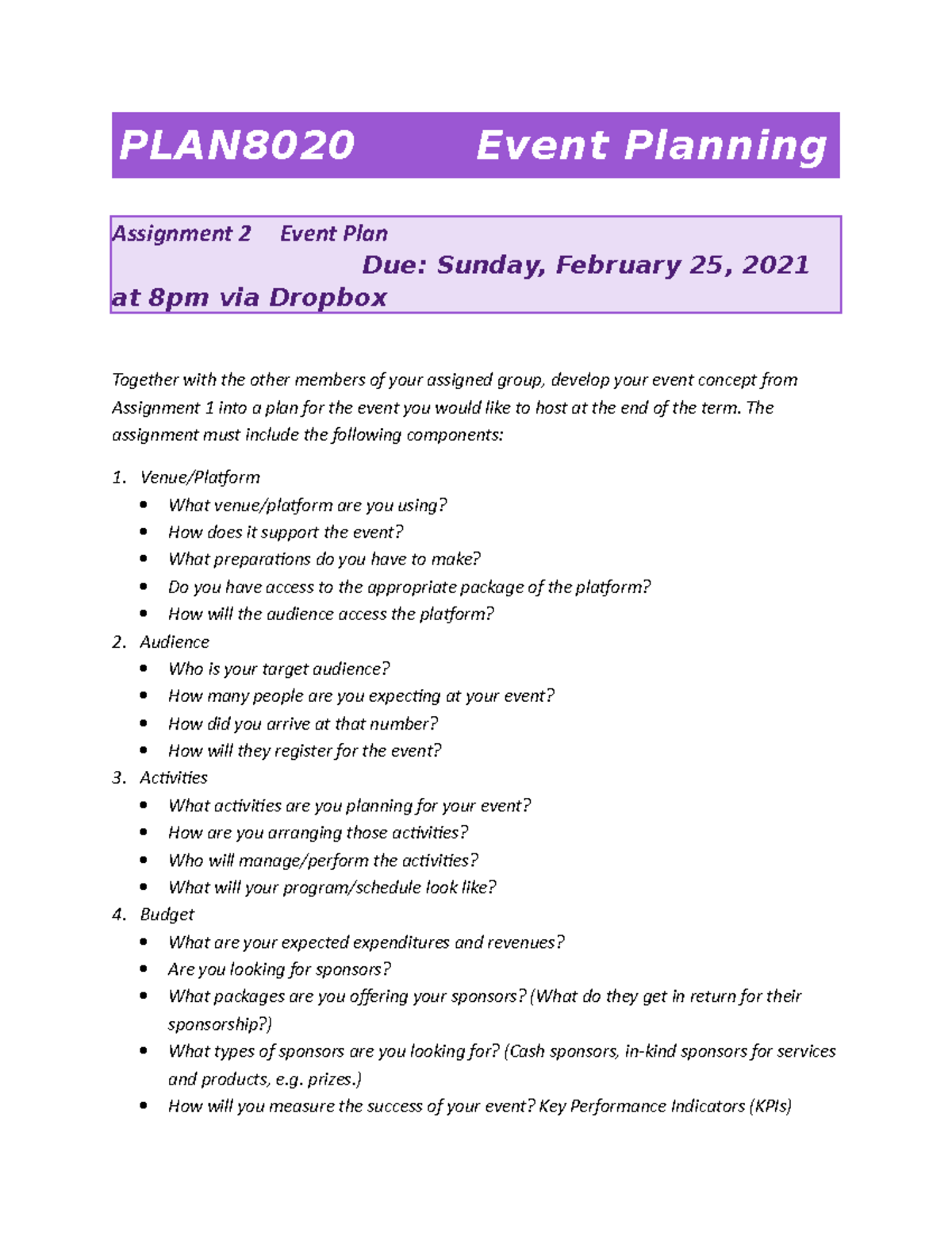Event Planning Assignment 2 Event Plan - Studocu