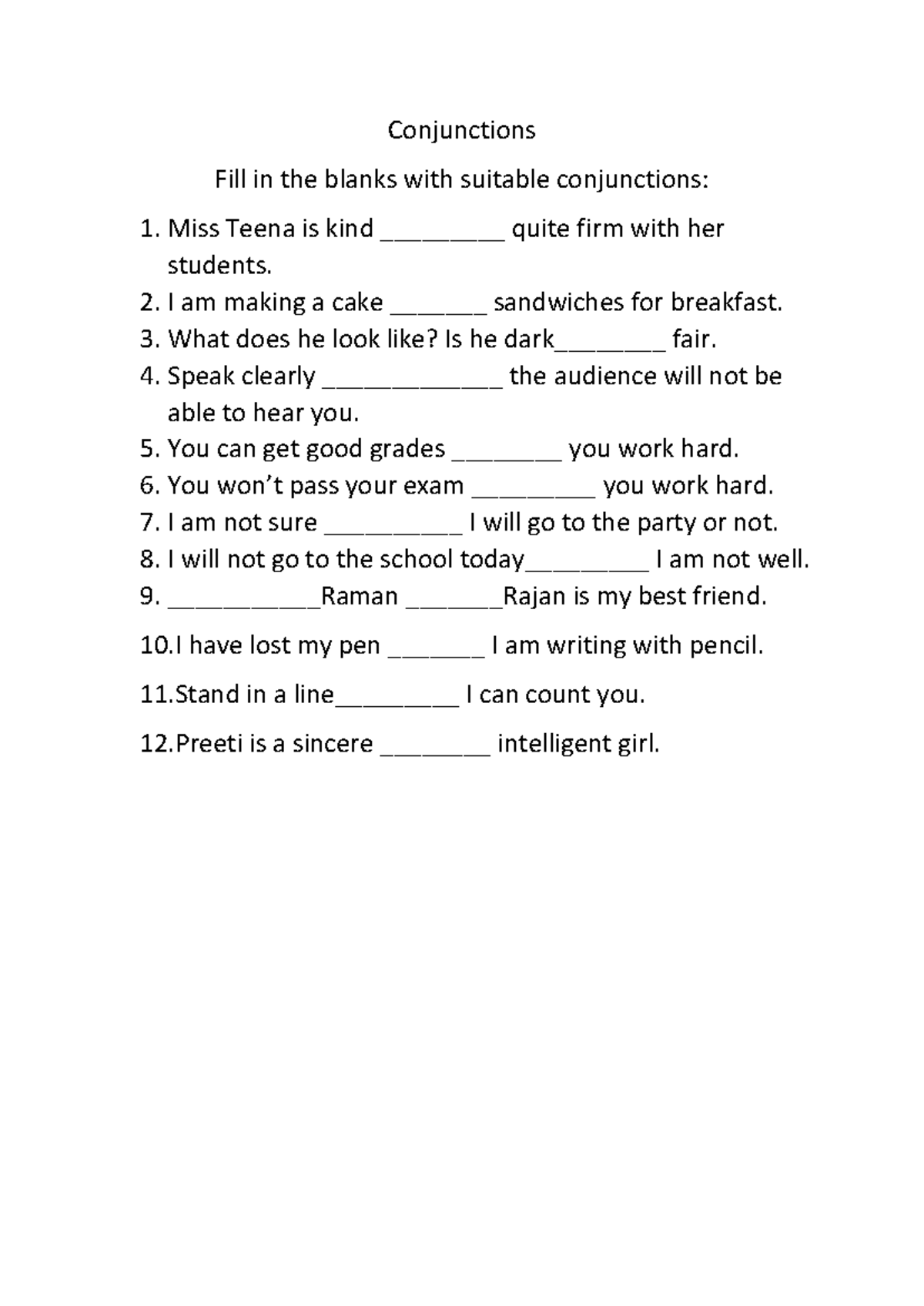 Class 5 Conjunction Worksheet - Conjunctions Fill in the blanks with ...