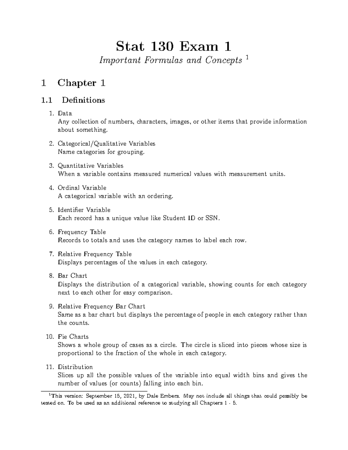 STAT 130 Final Exam Practice - Stat 130 Exam 1 ####### Important ...