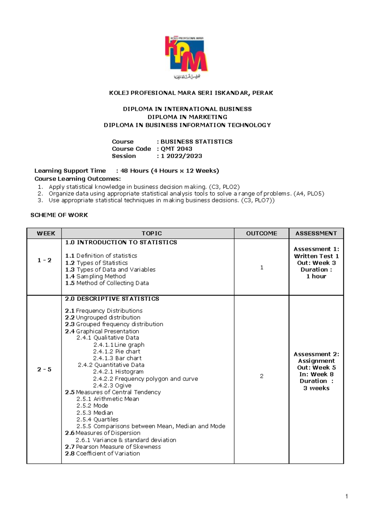 QMT 2043 Business Statistics A - Bad - 1 KOLEJ PROFESIONAL MARA SERI ISKANDAR, PERAK DIPLOMA IN ...