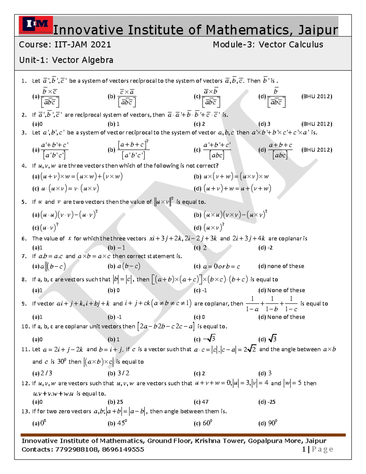 Vector calculus jam IIM - Innovative Institute of Mathematics, Ground ...