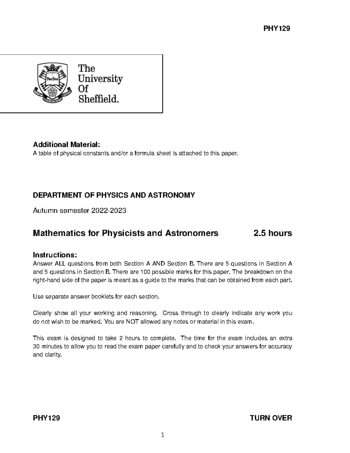 PHY129 2022-23 Exam - Exam of Foundation Maths for Physicists. - Data ...