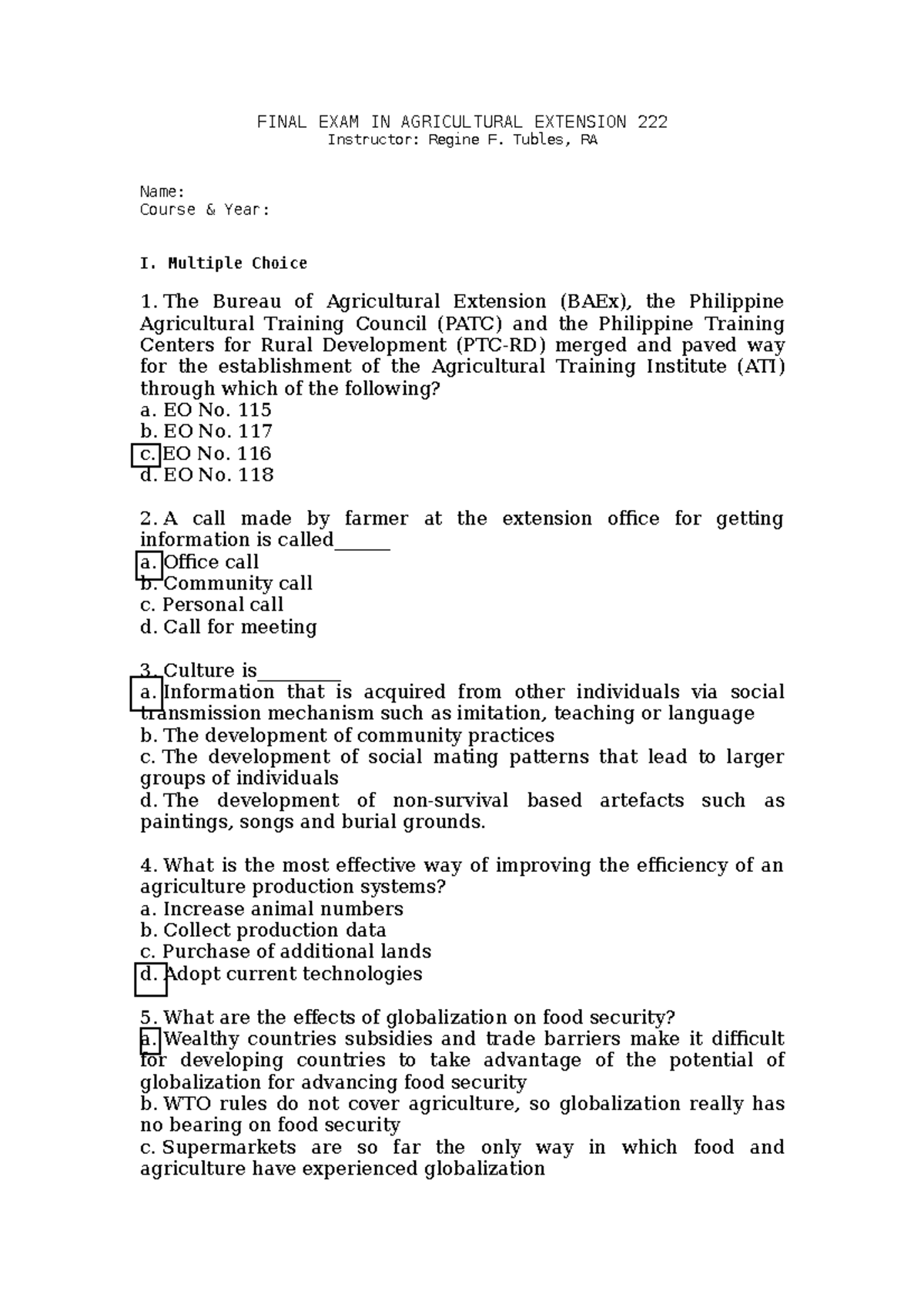 Final exam in ag extn malinao - FINAL EXAM IN AGRICULTURAL EXTENSION ...