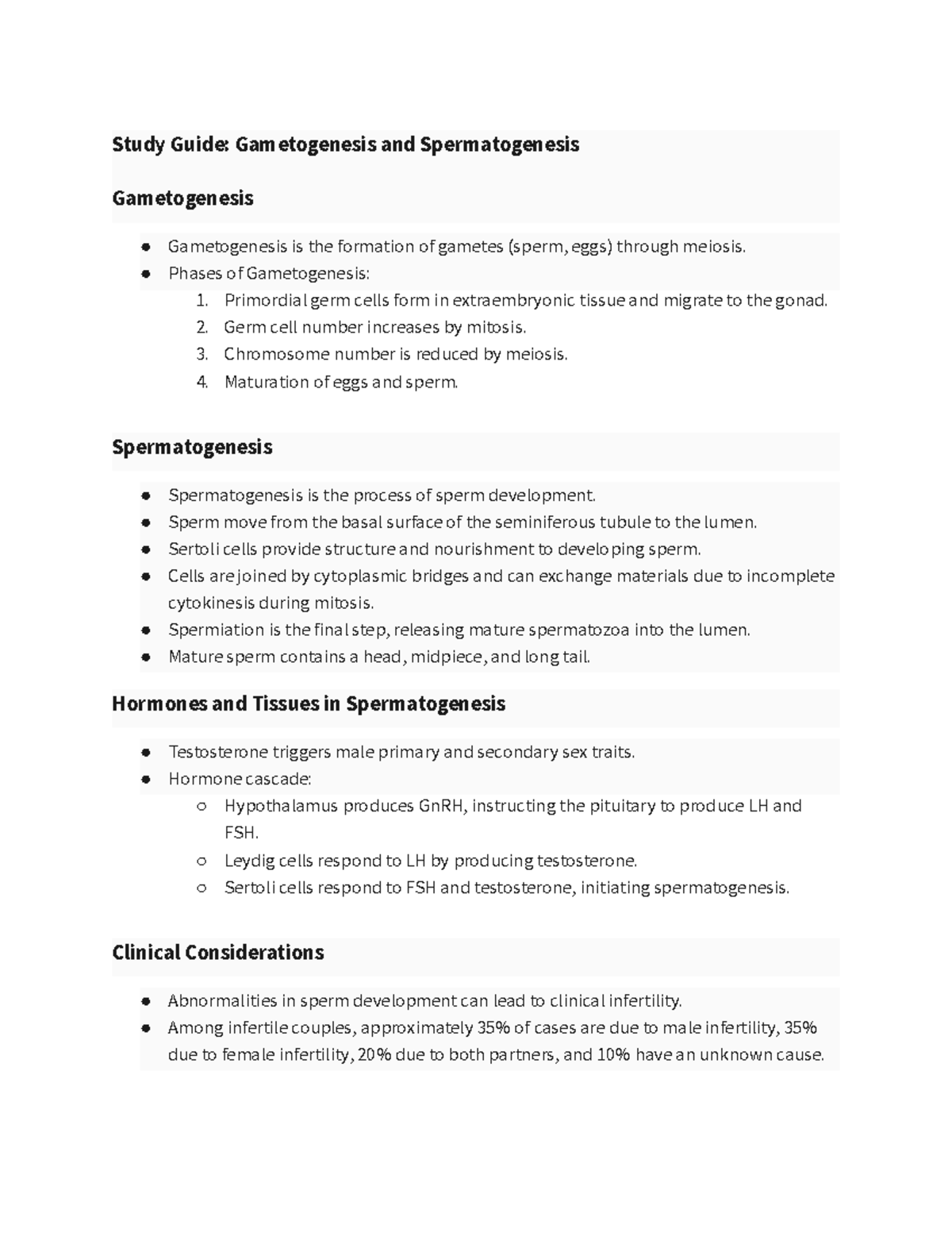 BIOS 325 - Spermatogenesis Notes - Study Guide: Gametogenesis and ...