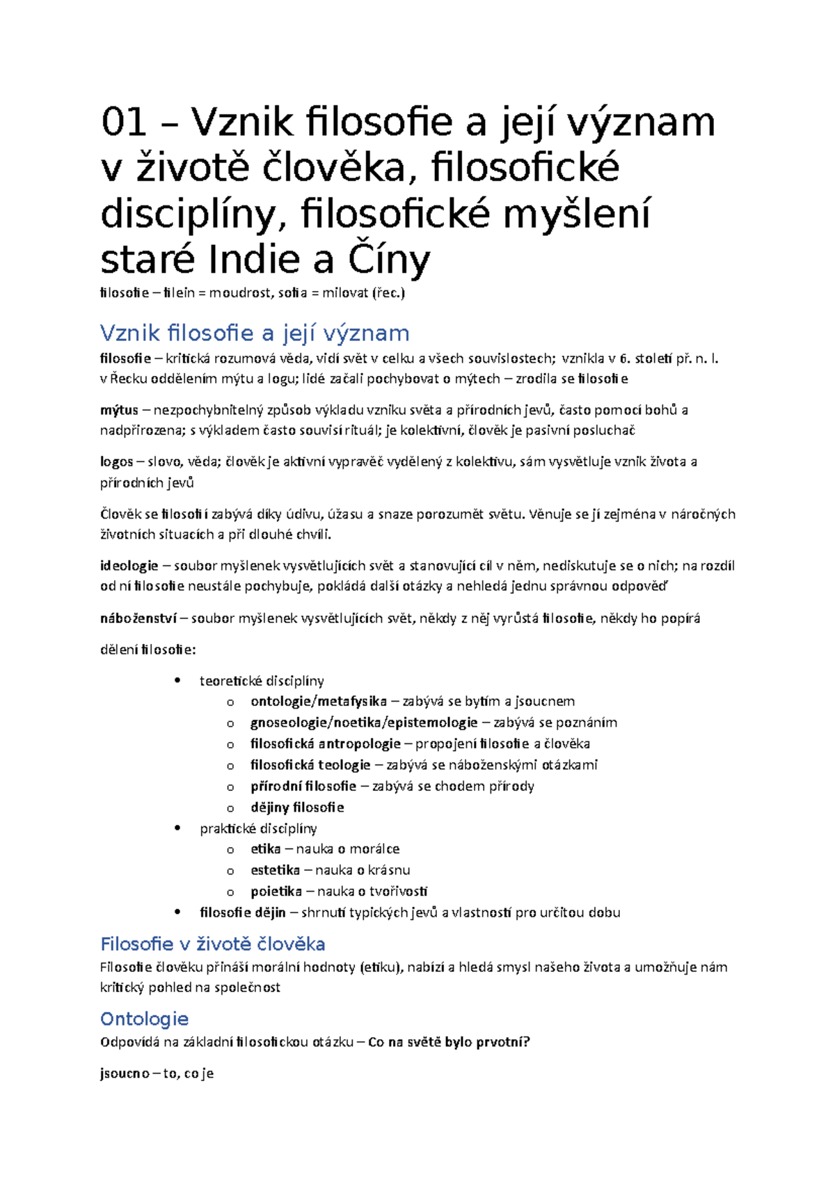 01 Vznik filosofie a její význam v životě člověka filosofické disciplíny filosofické myšlení ...