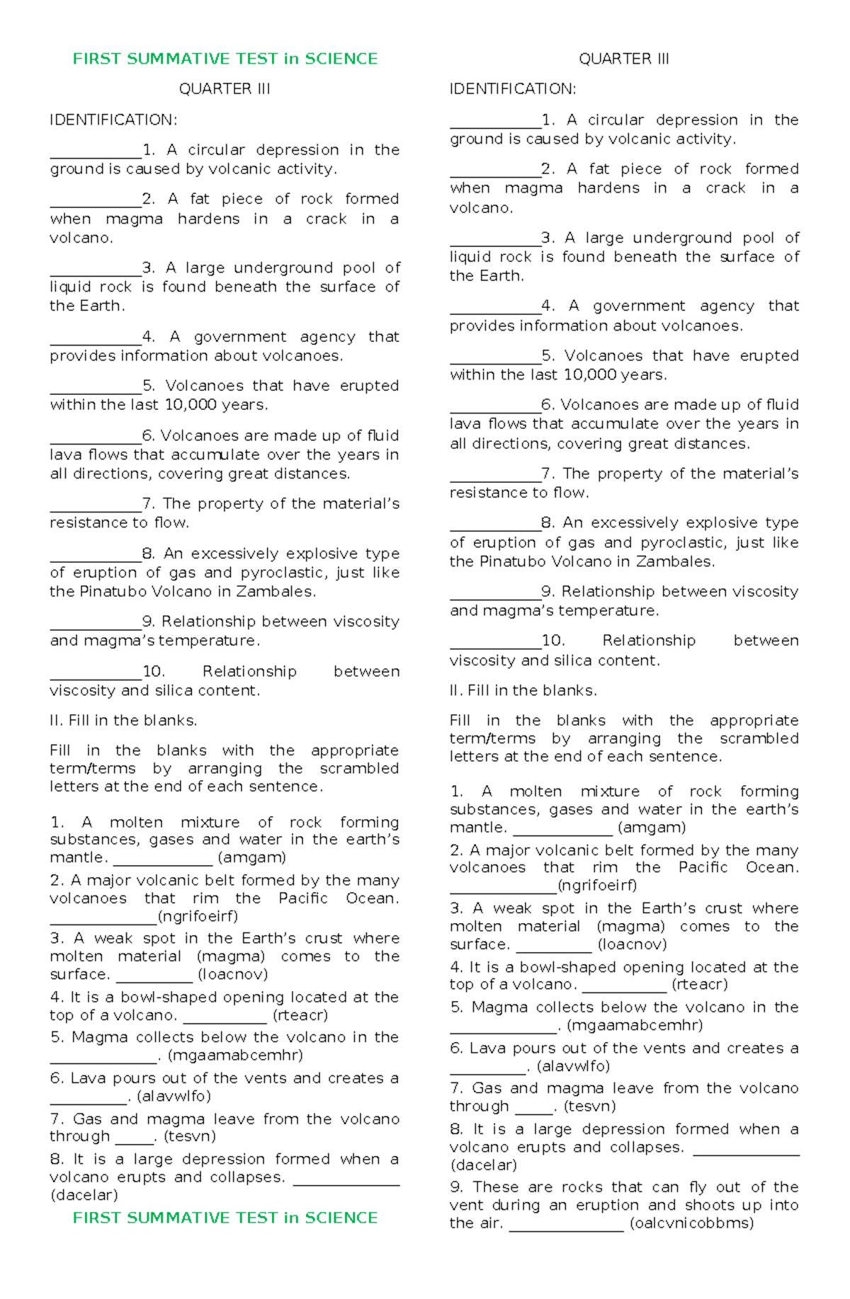First Summative TEST in Science (third quarter) - FIRST SUMMATIVE TEST ...