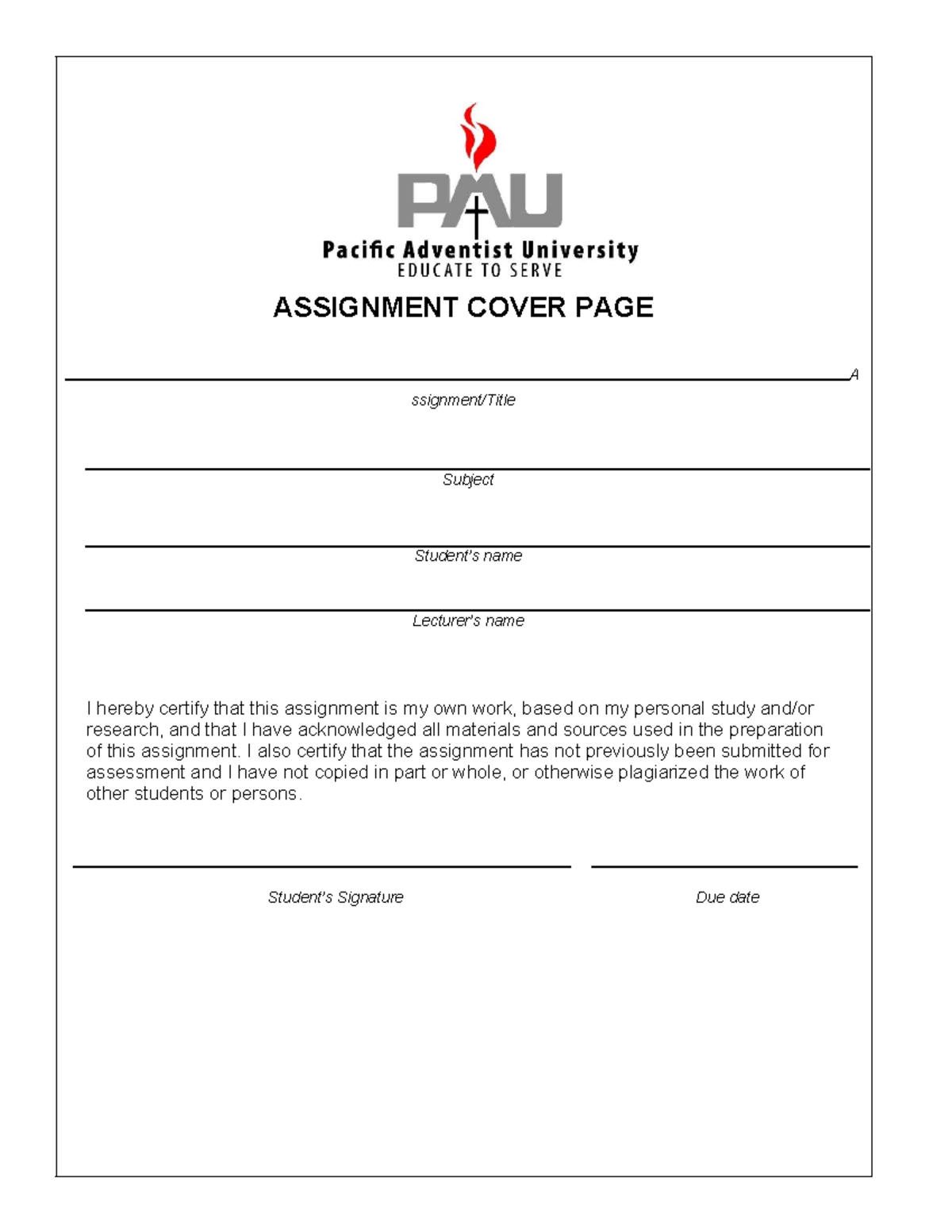 Assignment #1 - ASSIGNMENT COVER PAGE A ssignment/Title Subject Student ...