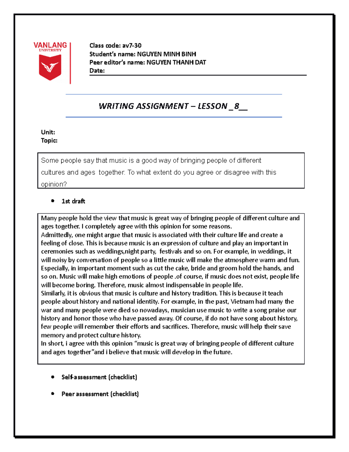 Template Writing assignment - Class code: av7- Student’s name: NGUYEN MINH BINH Peer editor’s ...