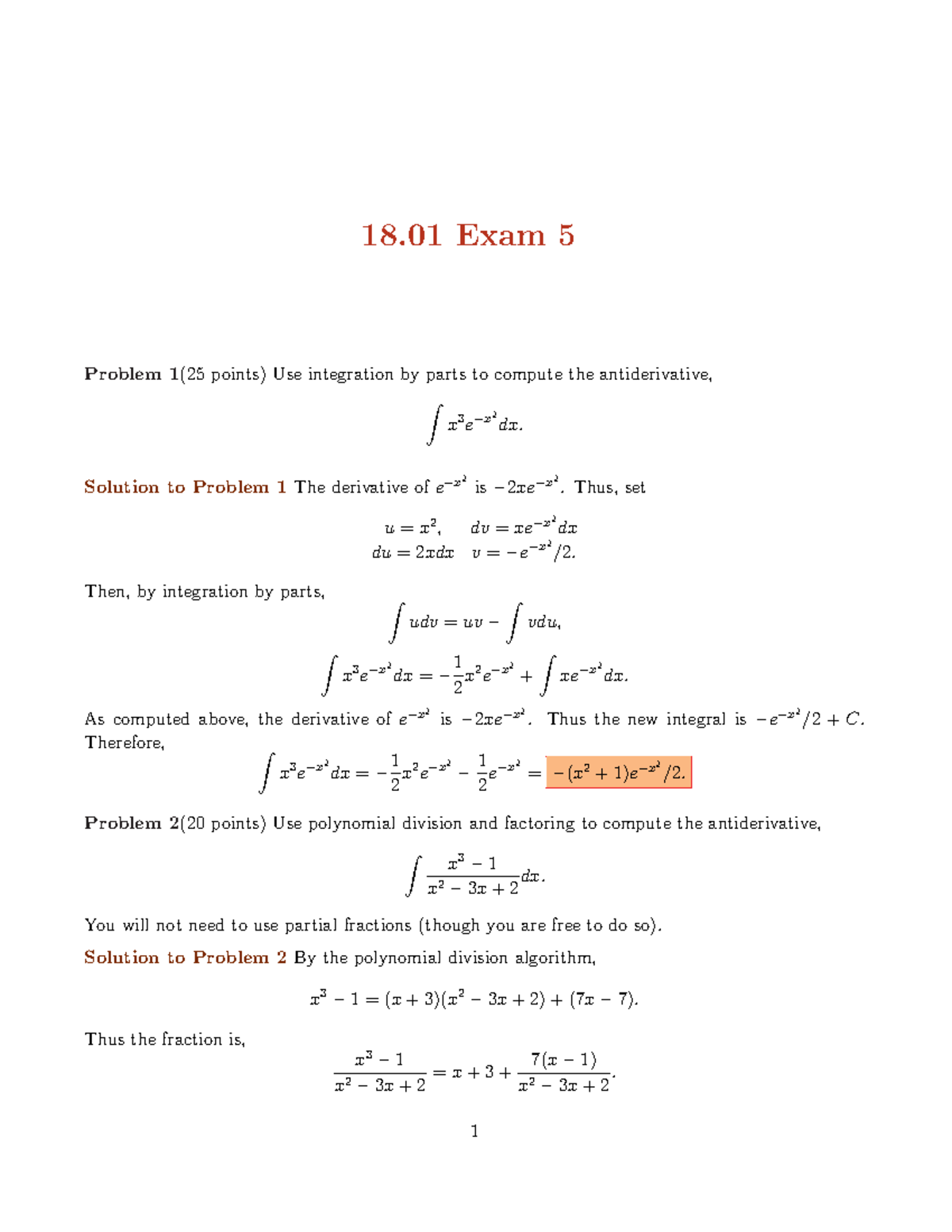 CHEM Practice Exam - 18 Exam 5 Problem 1 (25 points) Use integration by ...