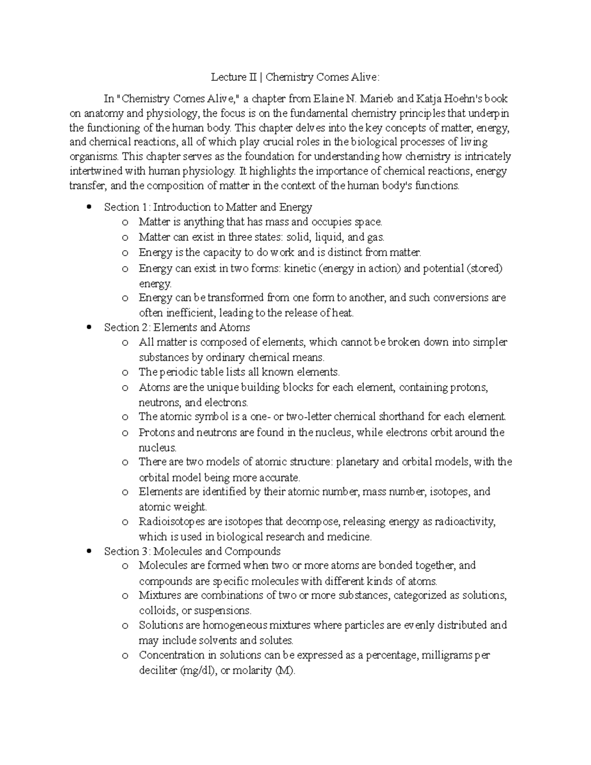 Lecture II Summary - Chapter Summaries - Lecture II | Chemistry Comes Alive: In "Chemistry - Studocu