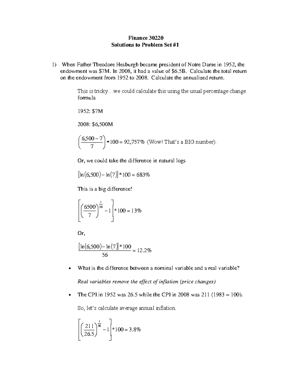 Seminar assignments - Problem set 1 solutions - Finance 30220 Solutions to Problem Set 1) When ...
